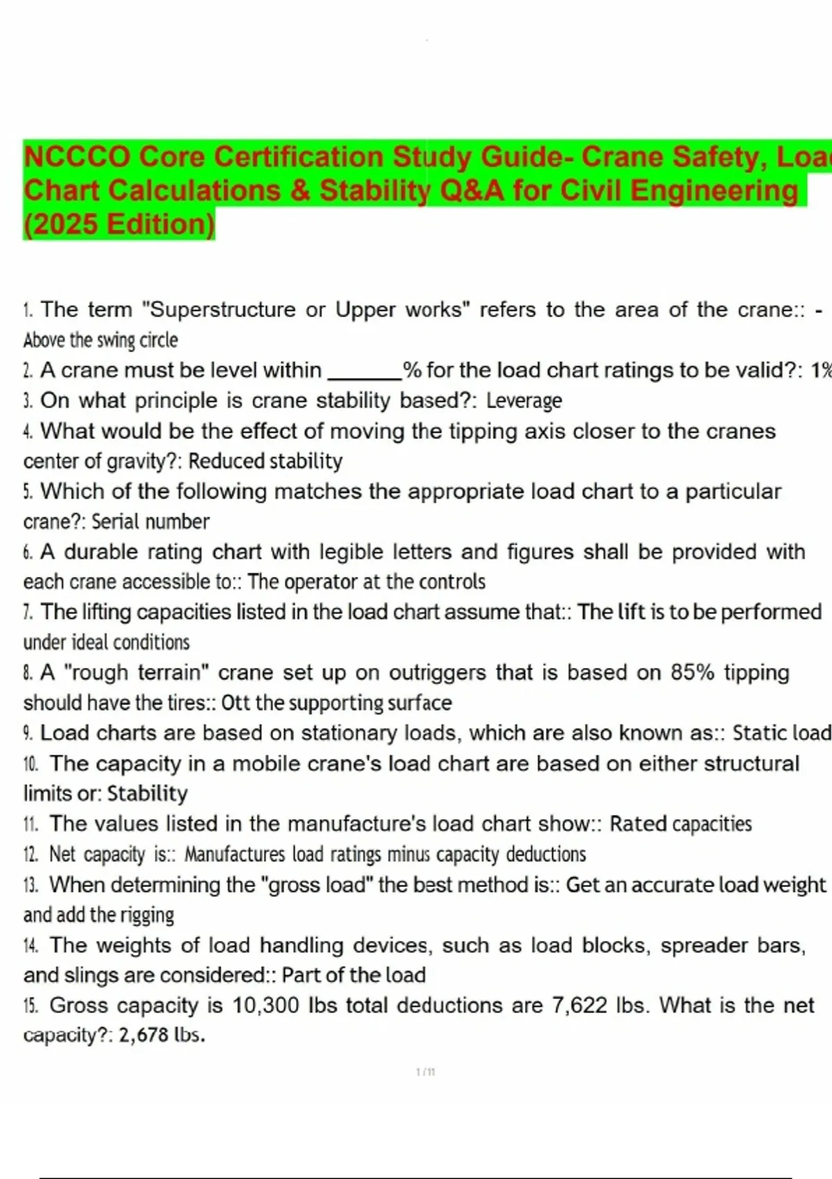 NCCCO Core Certification Study Guide- Crane Safety, Load Chart ...
