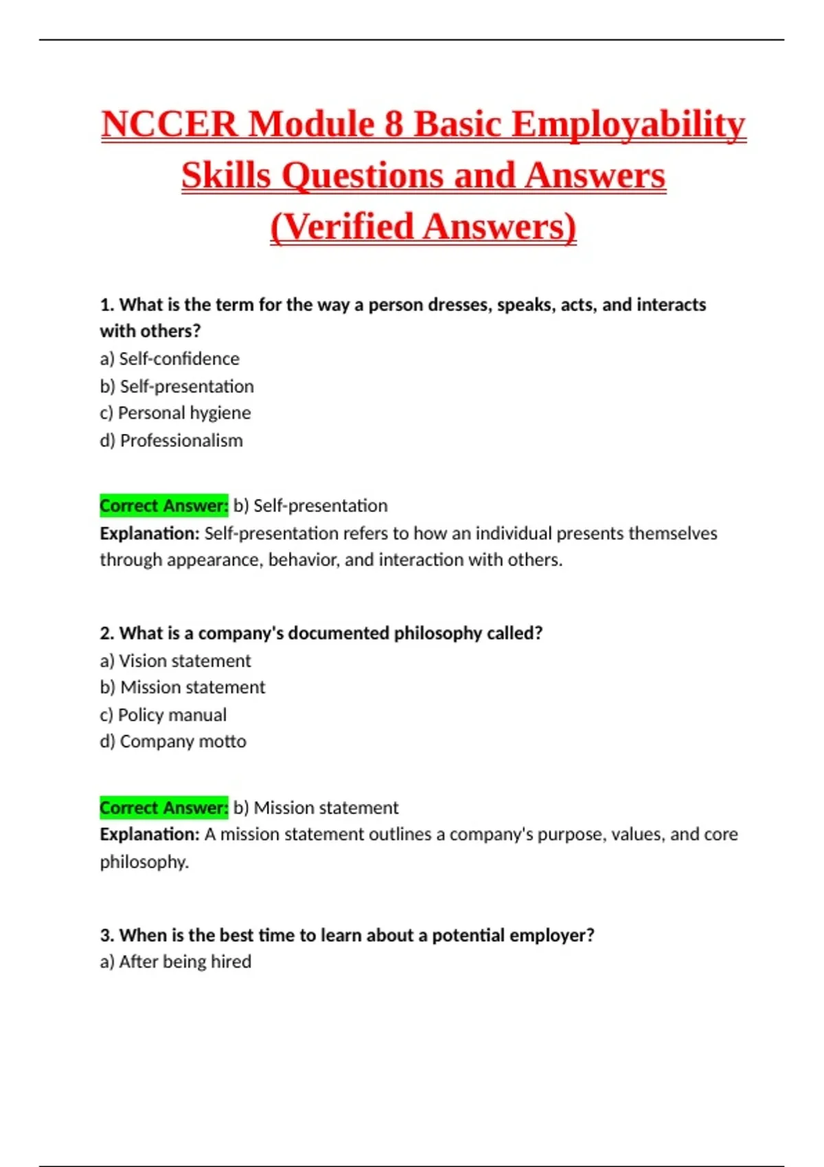 NCCER Module 8 Basic Employability Skills Exam Latest 2025 Actual ...