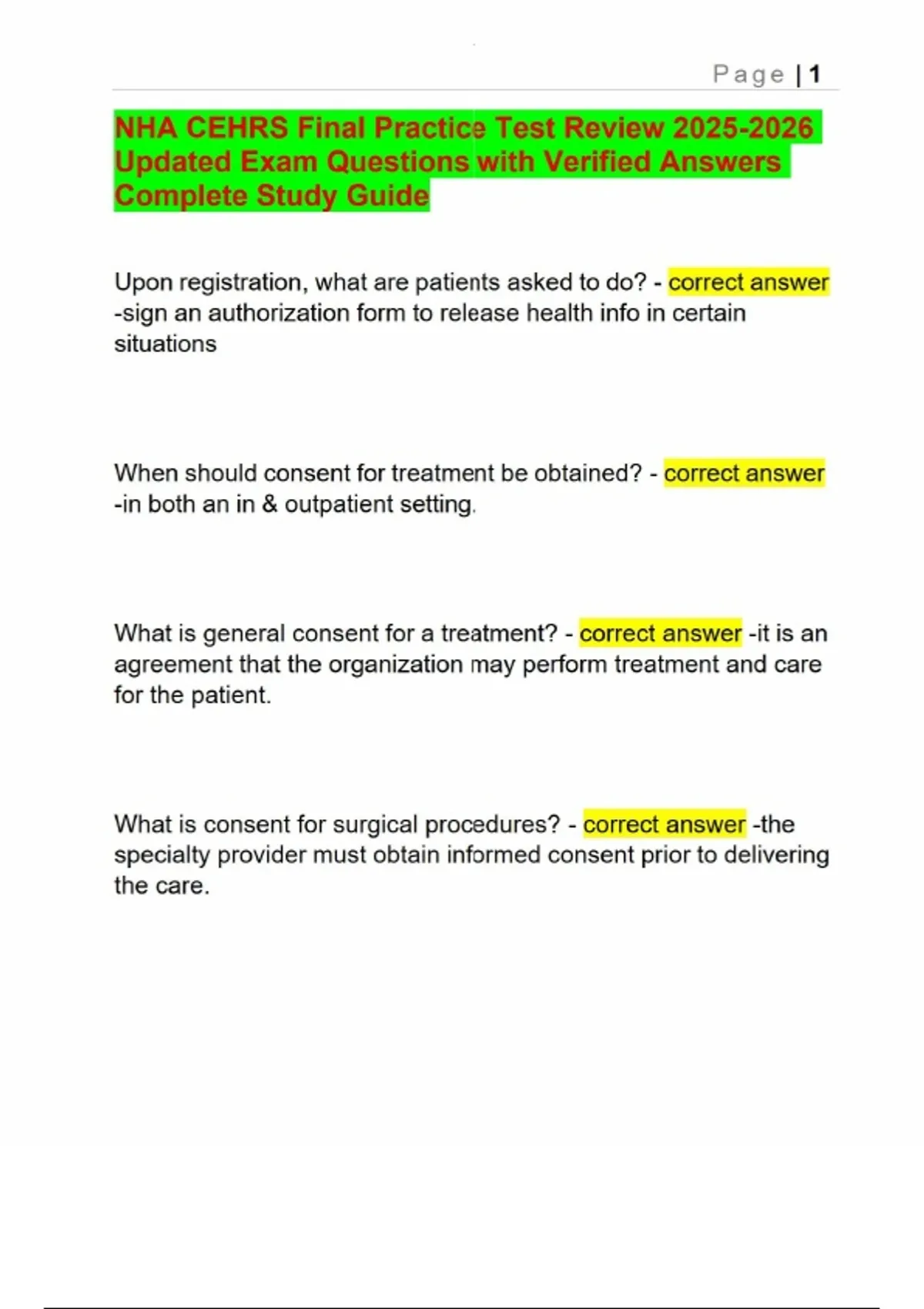 NHA CEHRS Final Practice Test Review Updated Exam Questions with ...