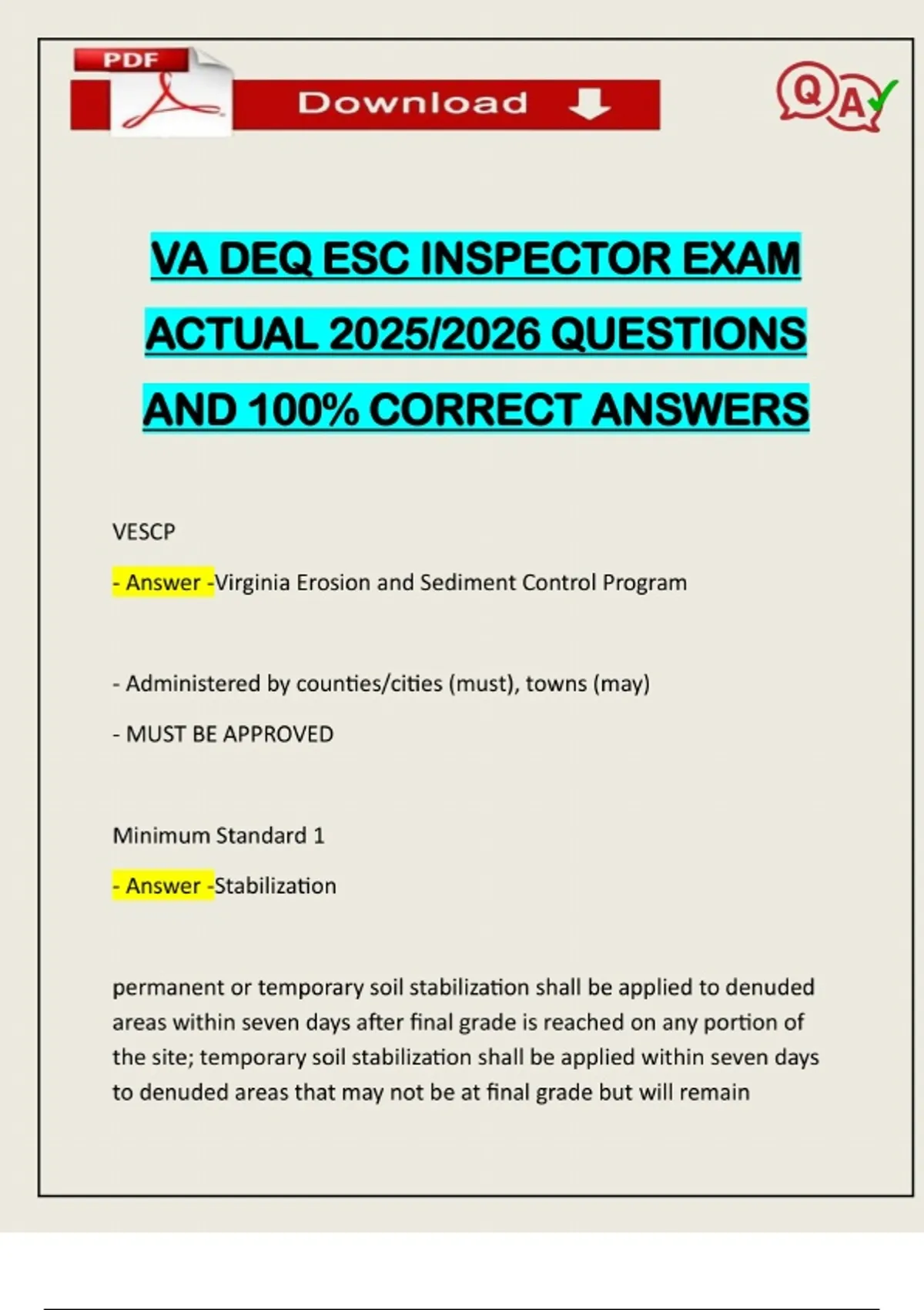 VA DEQ ESC INSPECTOR EXAM ACTUAL 2025/2026 QUESTIONS AND 100% CORRECT ...