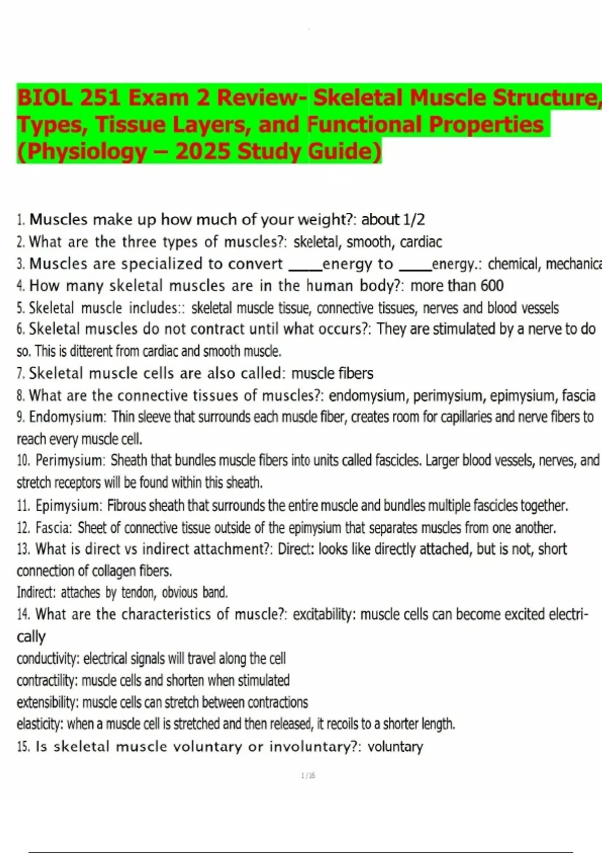 BIOL 251 Exam 2 Review- Skeletal Muscle Structure, Types, Tissue Layers ...