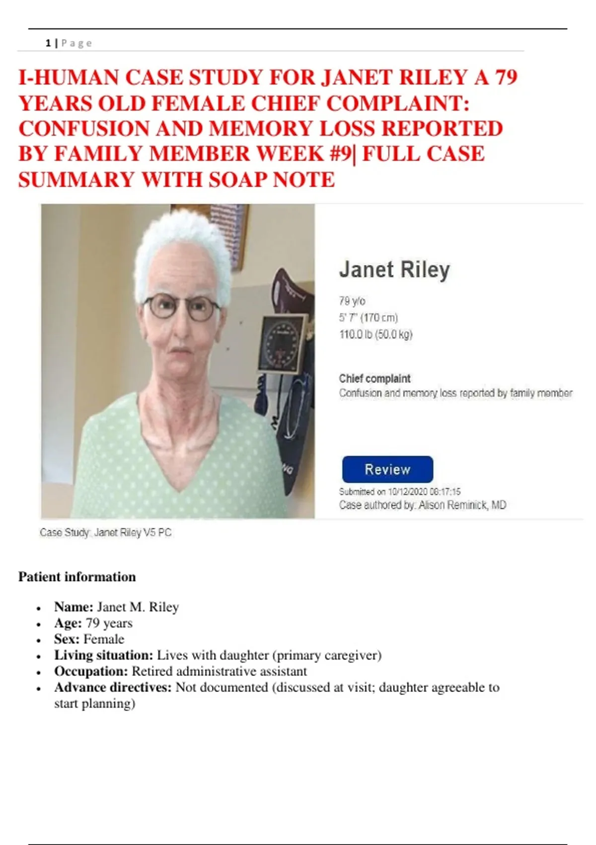I-HUMAN CASE STUDY FOR JANET RILEY A 79 YEARS OLD FEMALE CHIEF ...