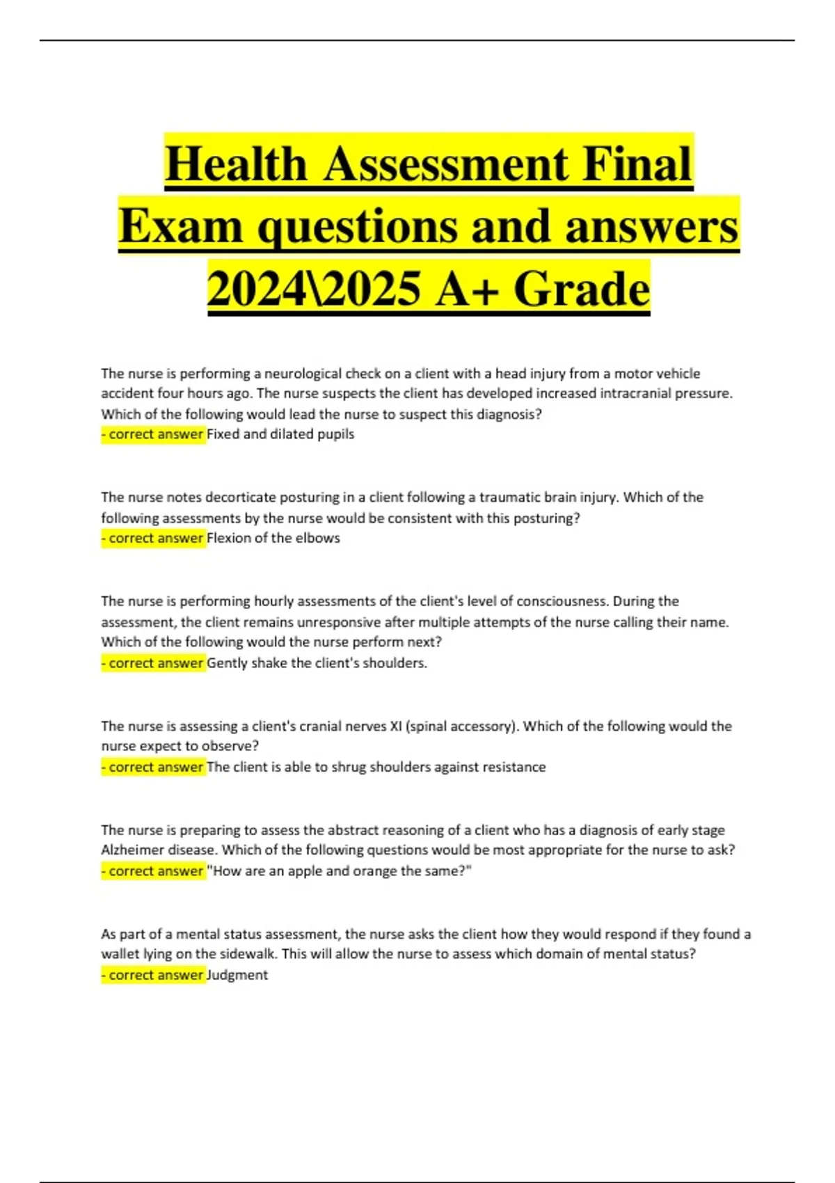 Health Assessment Final Exam 2024/2025 – Verified Questions and Correct ...
