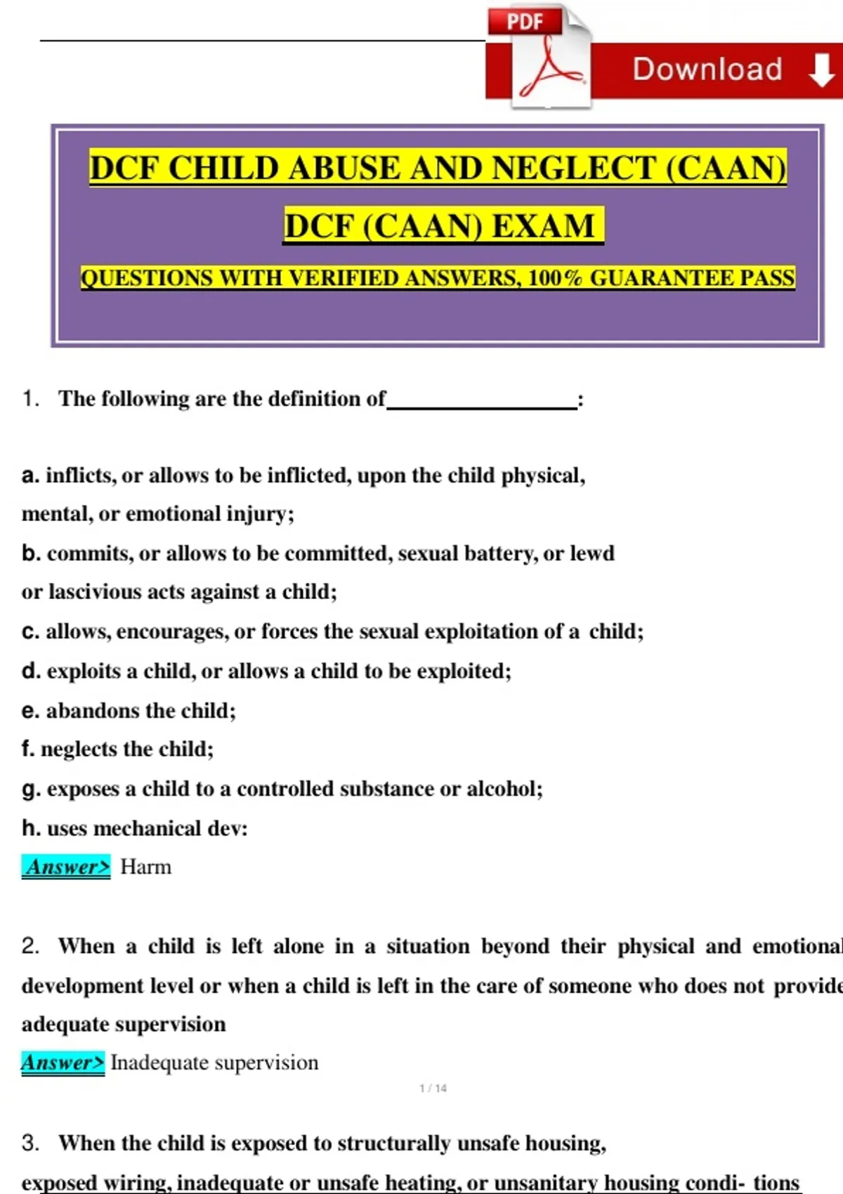 DCF Child Abuse and Neglect (CAAN) Test – Verified Questions and ...