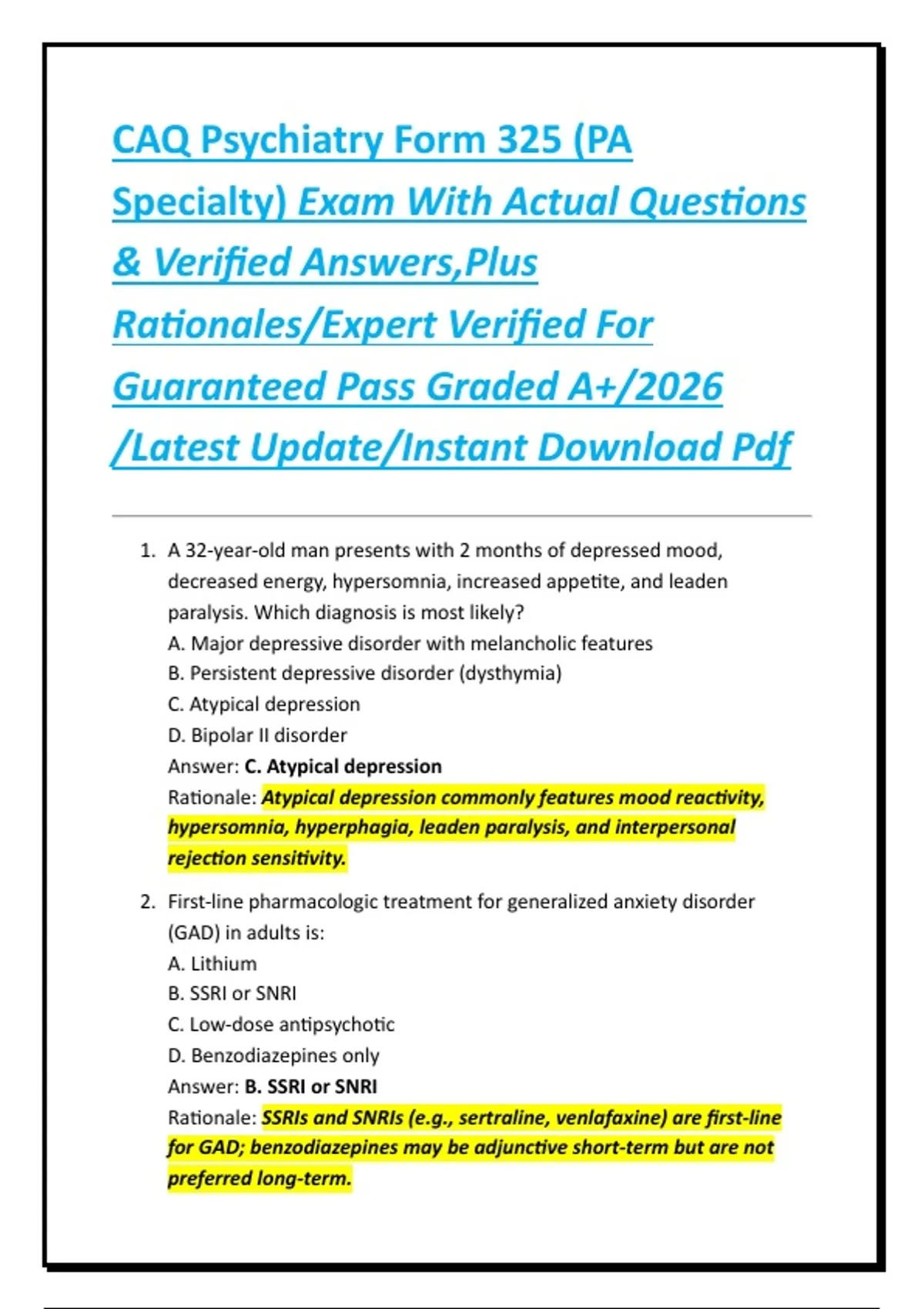 CAQ Psychiatry Form 325 (PA Specialty) Exam With Actual Questions ...