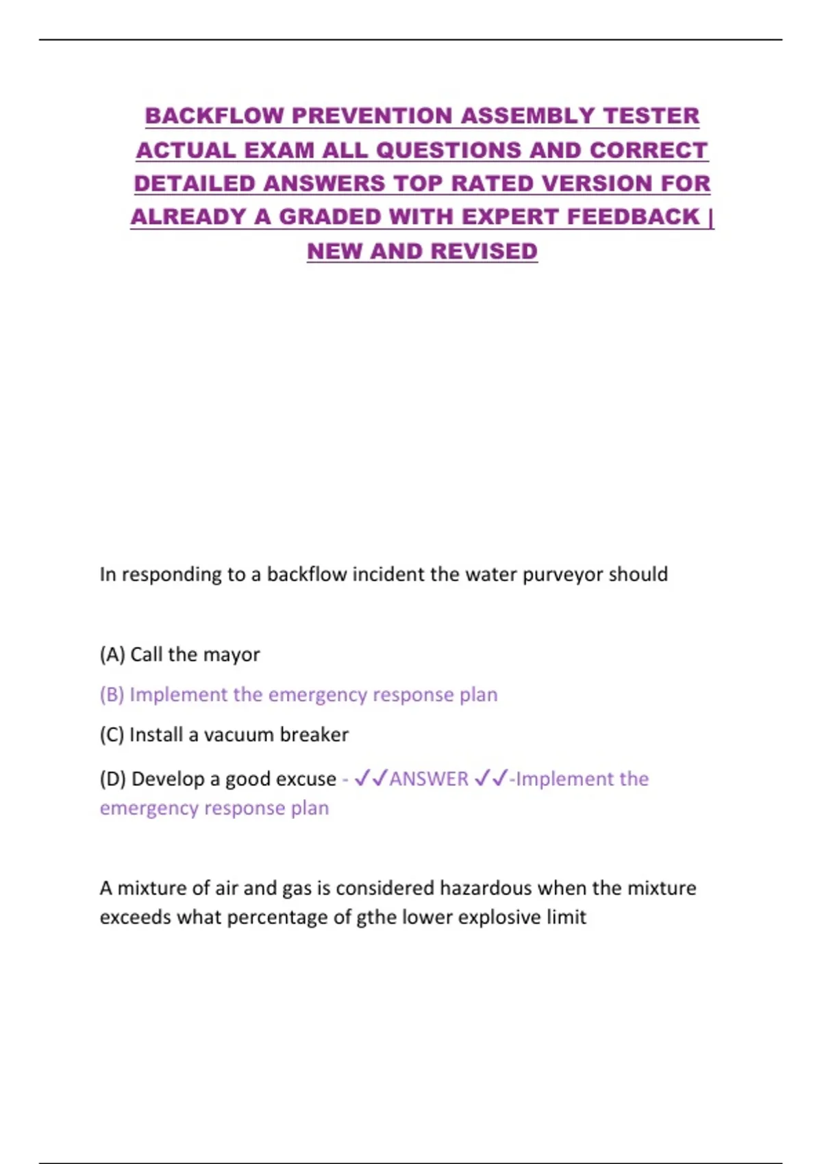 BACKFLOW PREVENTION ASSEMBLY TESTER ACTUAL EXAM ALL QUESTIONS AND ...