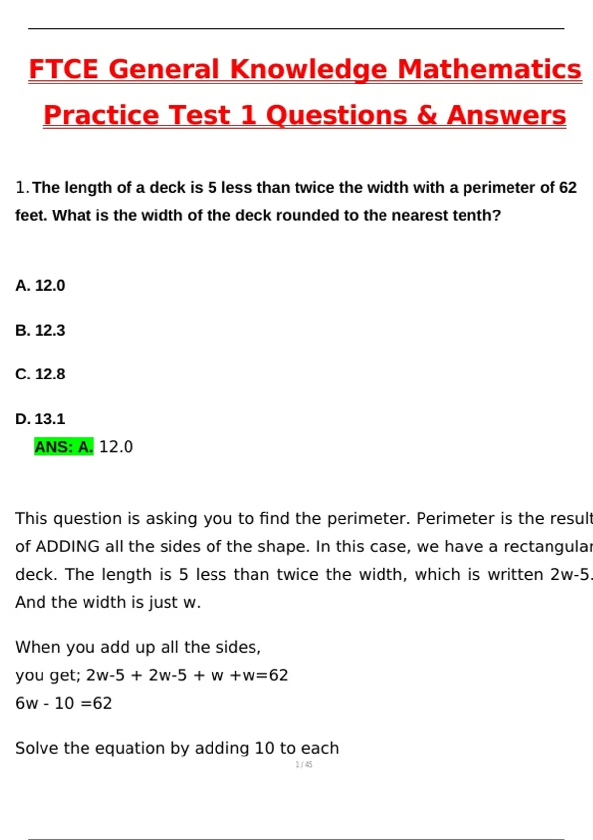 FTCE General Knowledge Mathematics practice test 1 Latest 2025 Actual ...