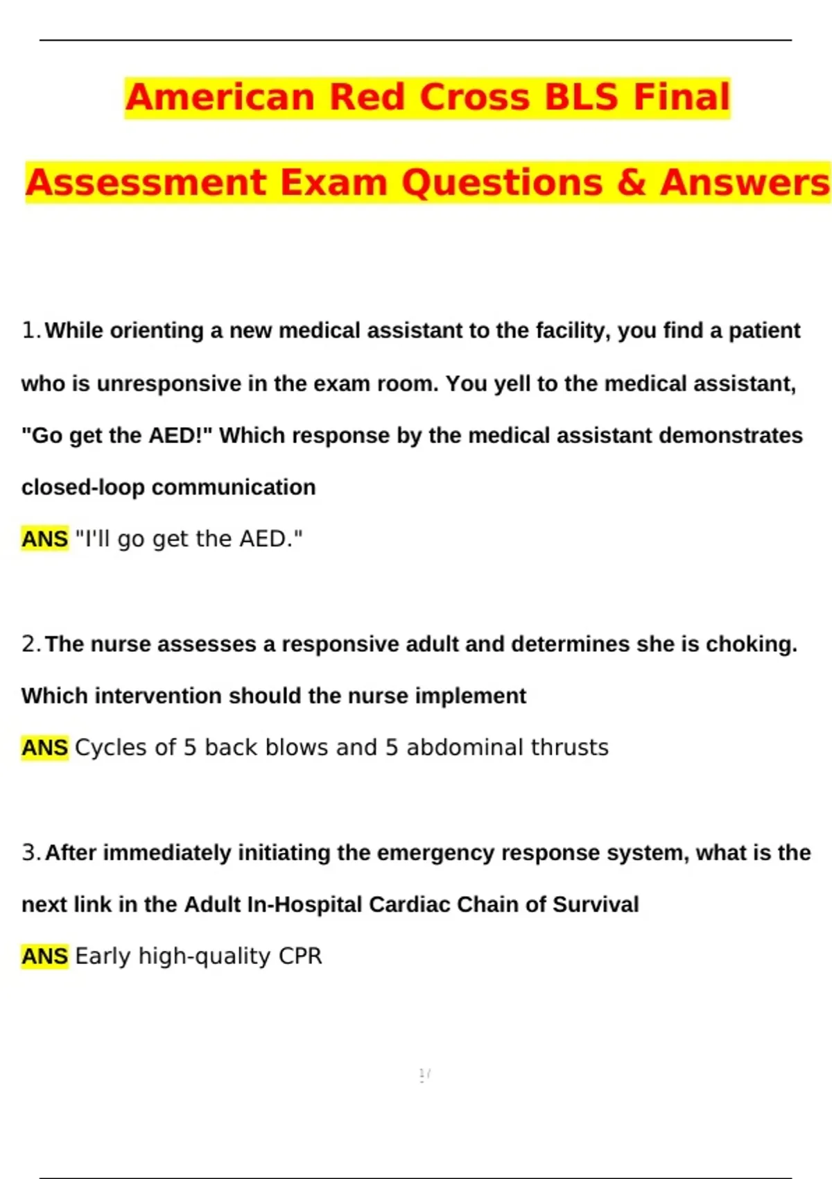American Red Cross BLS Final Assessment Exam Latest 2025 Actual ...