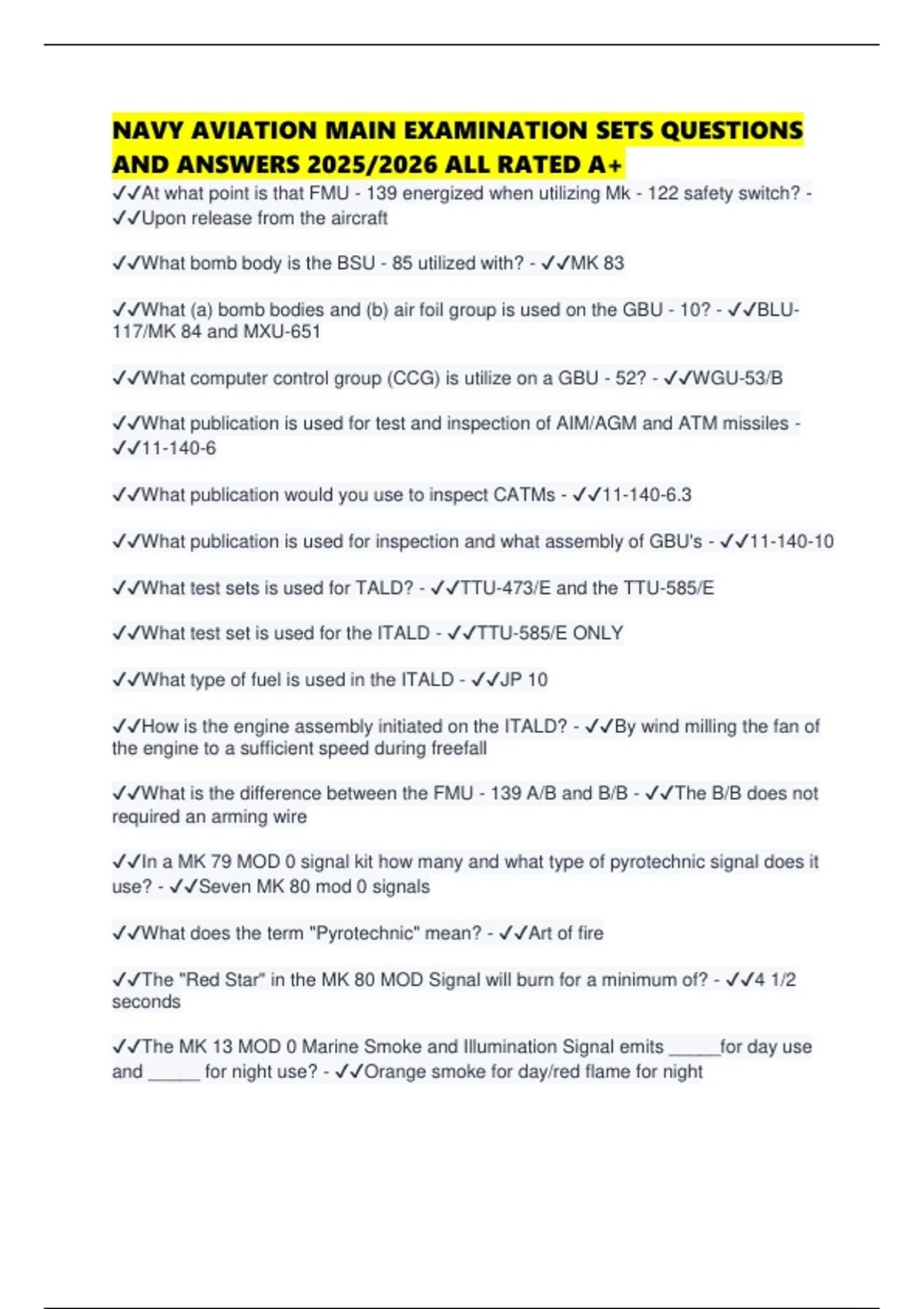 NAVY AVIATION MAIN EXAMINATION SETS QUESTIONS AND ANSWERS 2025/2026 ALL ...