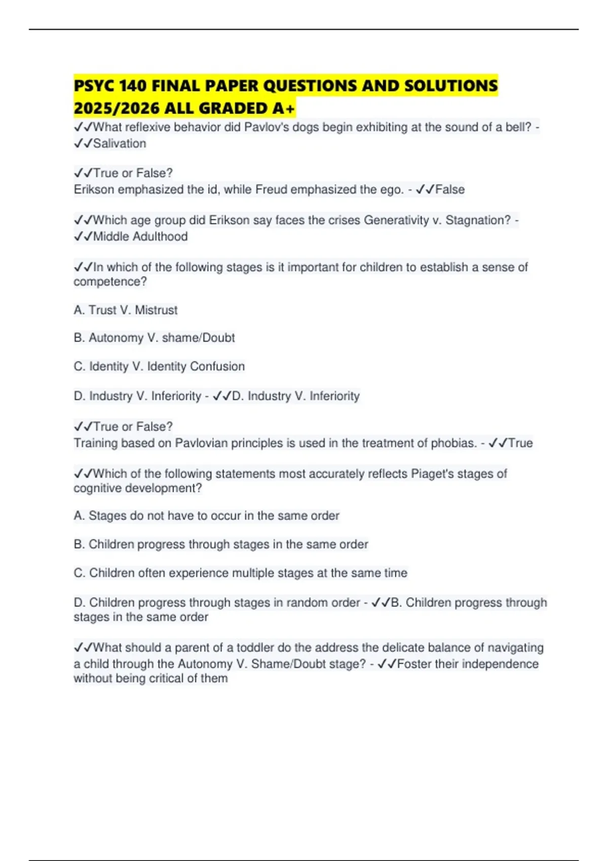 PSYC 140 FINAL PAPER QUESTIONS AND SOLUTIONS 2025/2026 ALL GRADED A+ ...