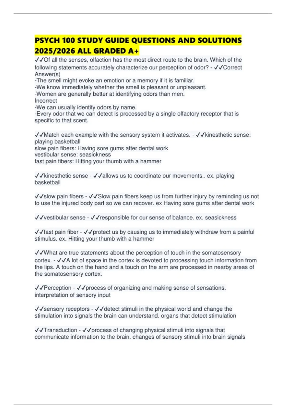 PSYCH 100 STUDY GUIDE QUESTIONS AND SOLUTIONS 2025/2026 ALL GRADED A+ ...