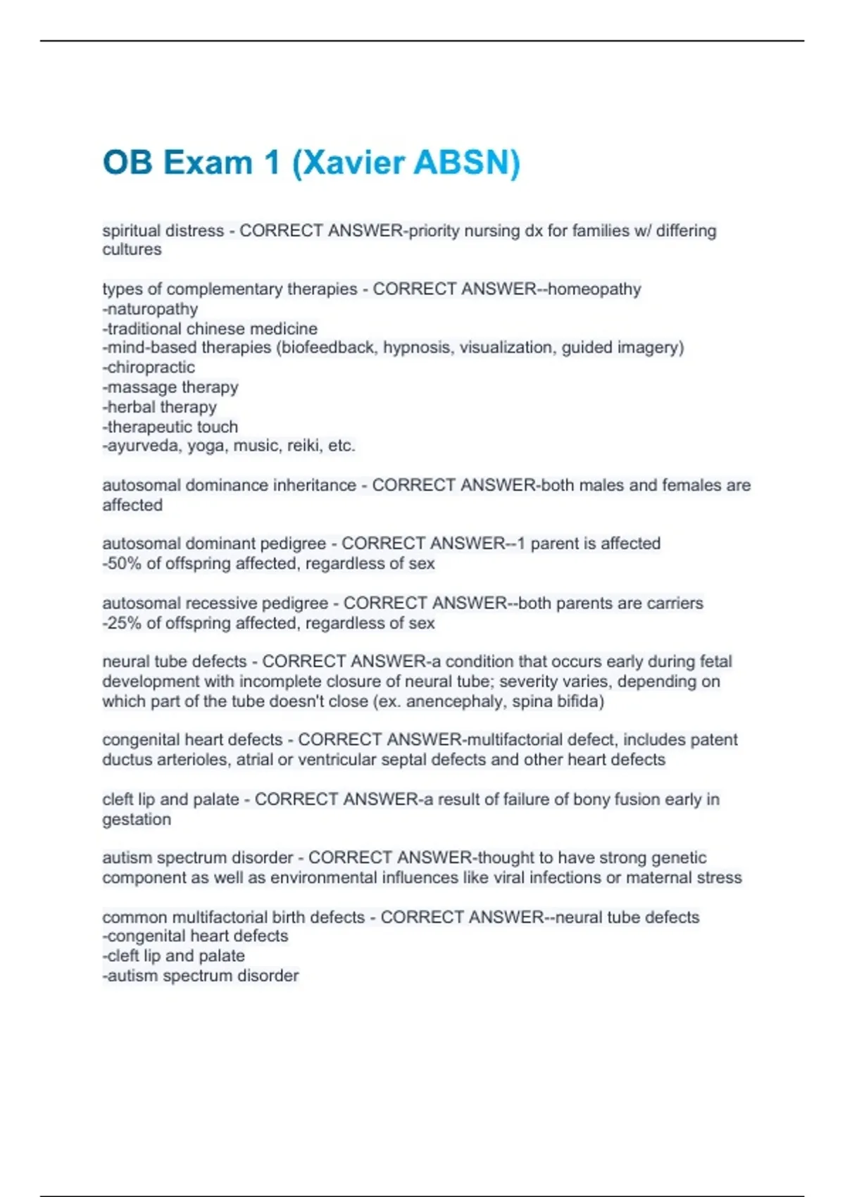 OB Exam 1 (Xavier ABSN) | Questions with 100 % Correct Answers ...