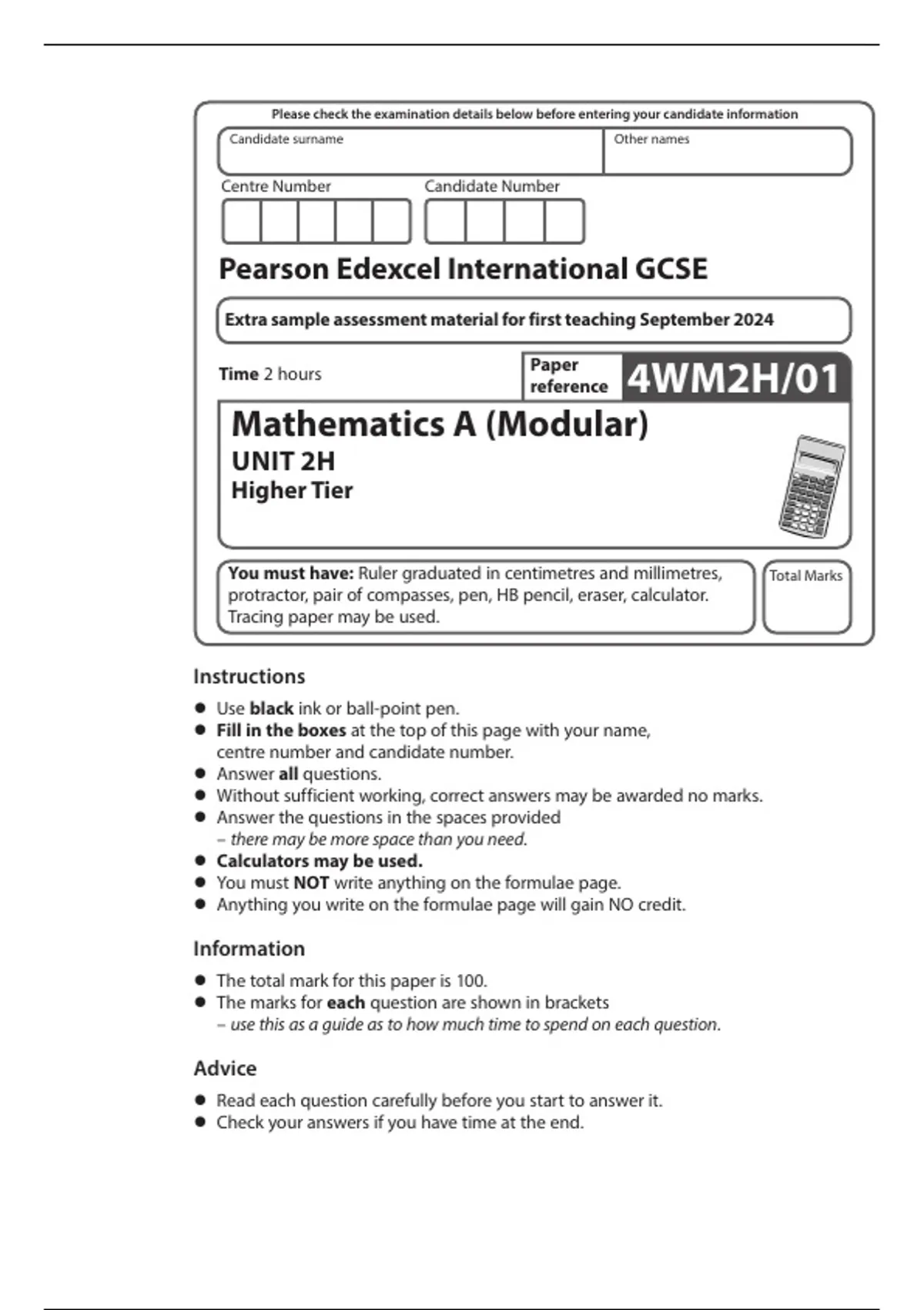 Pearson Edexcel International GCSE Unit 2H Higher Tier | Extra Sample ...