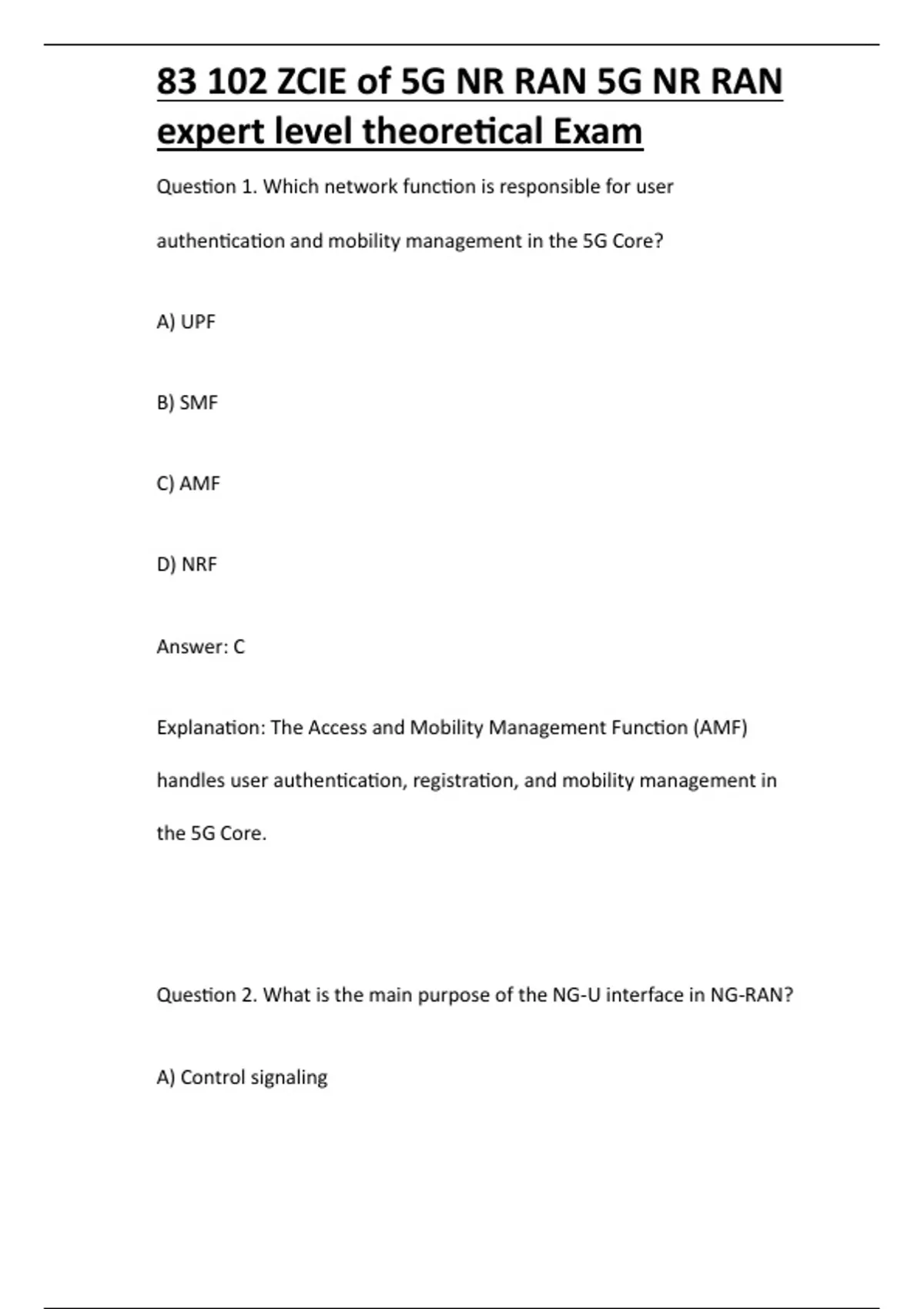 83 102 ZCIE of 5G NR RAN 5G NR RAN expert level theoretical Exam ...