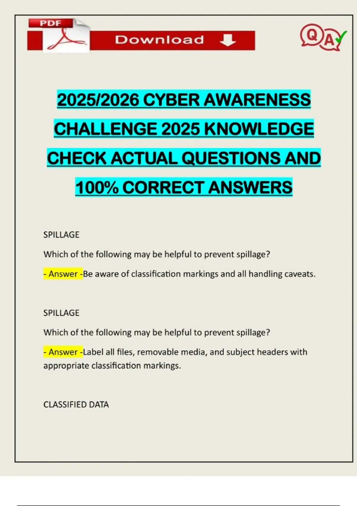2025/2026 CYBER AWARENESS CHALLENGE 2025 KNOWLEDGE CHECK ACTUAL ...