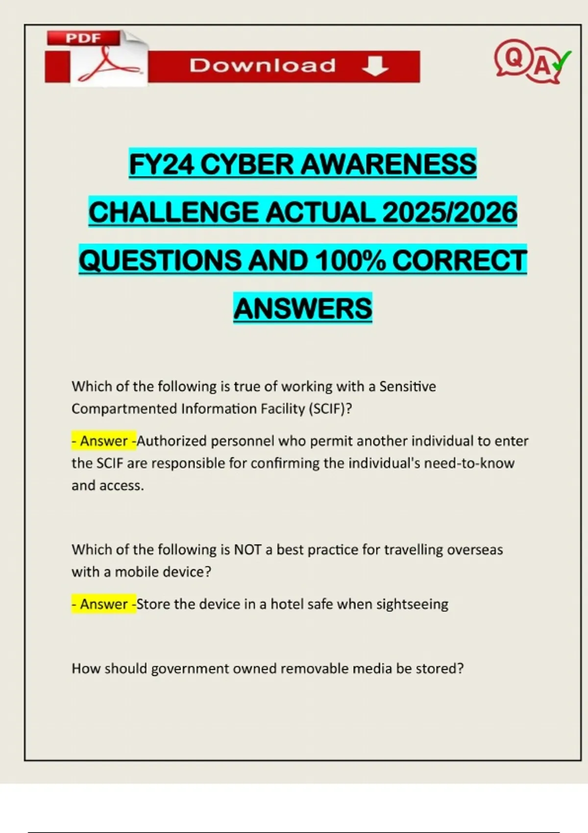 FY25 CYBER AWARENESS CHALLENGE ACTUAL 2025/2026 QUESTIONS AND 100% ...