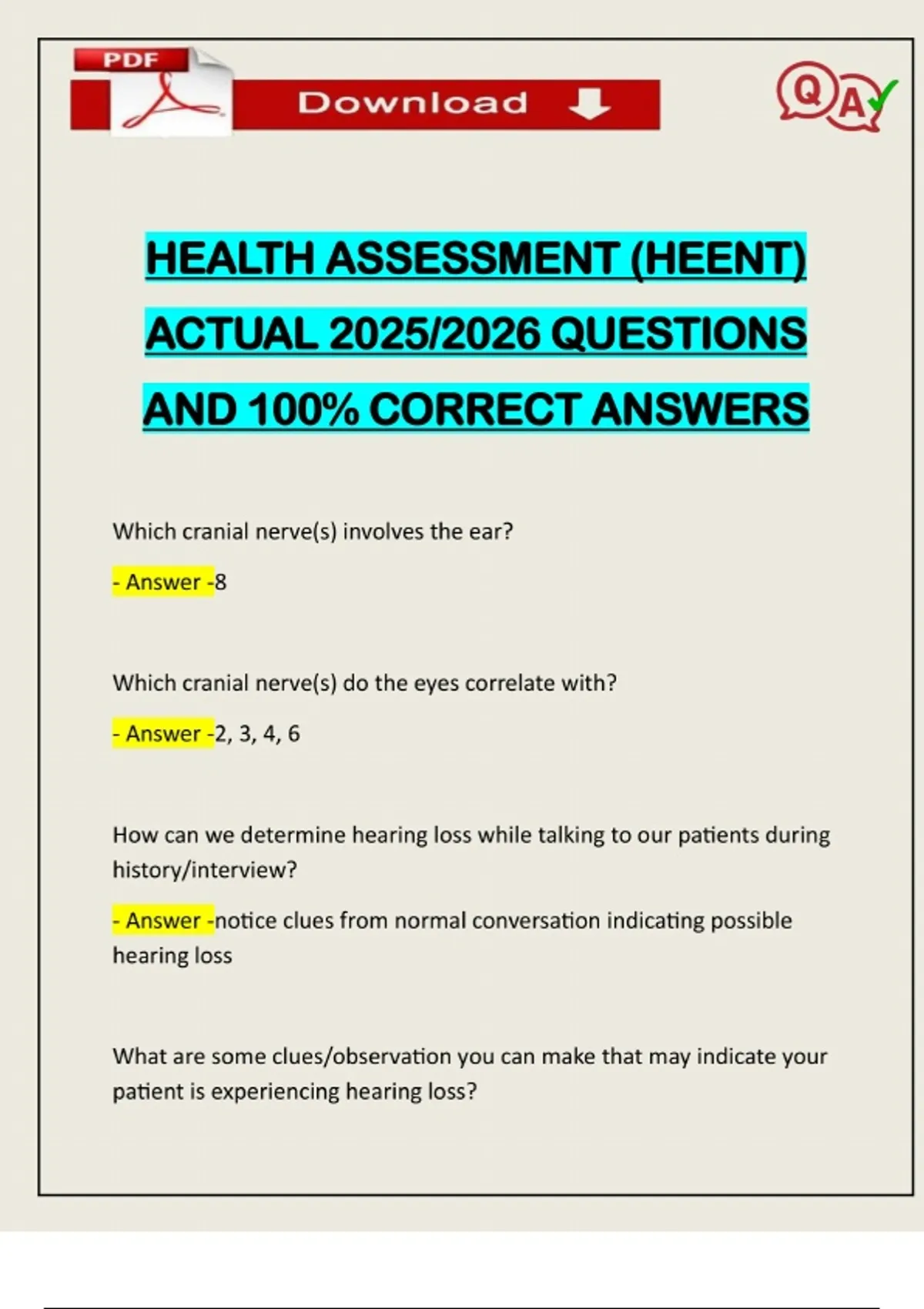 HEALTH ASSESSMENT (HEENT) ACTUAL 2025/2026 QUESTIONS AND 100% CORRECT ...