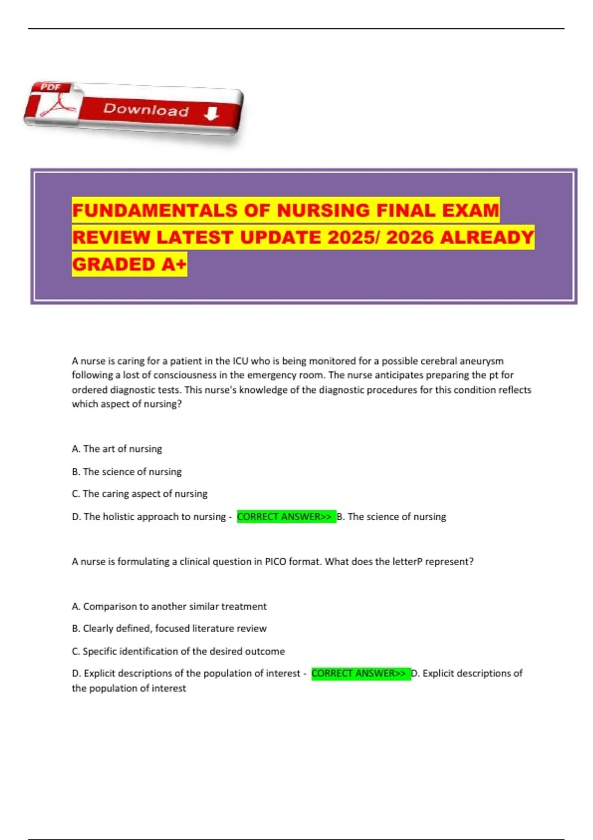 Fundamentals of Nursing Final Exam Review (2025/2026) – Complete ...