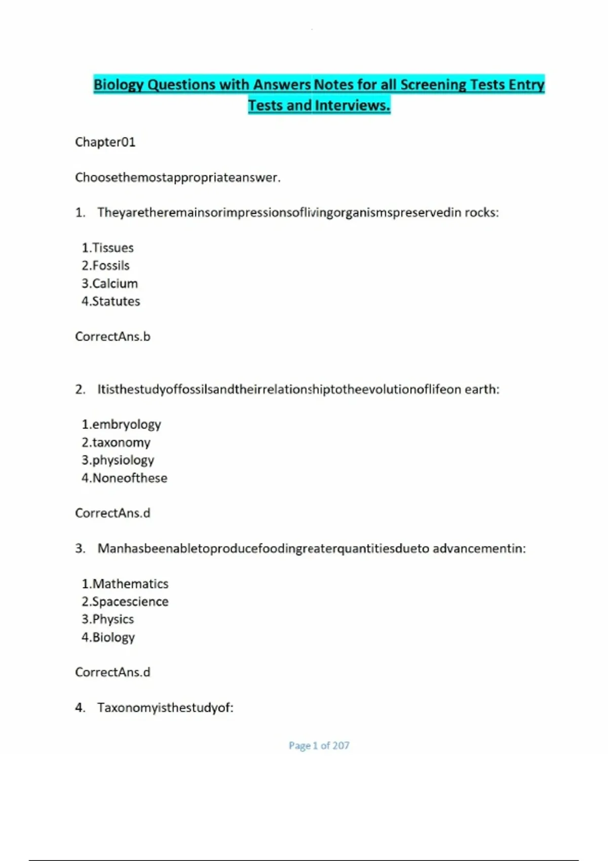 Biology Questions with Answers Notes for all Screening Tests Entry ...