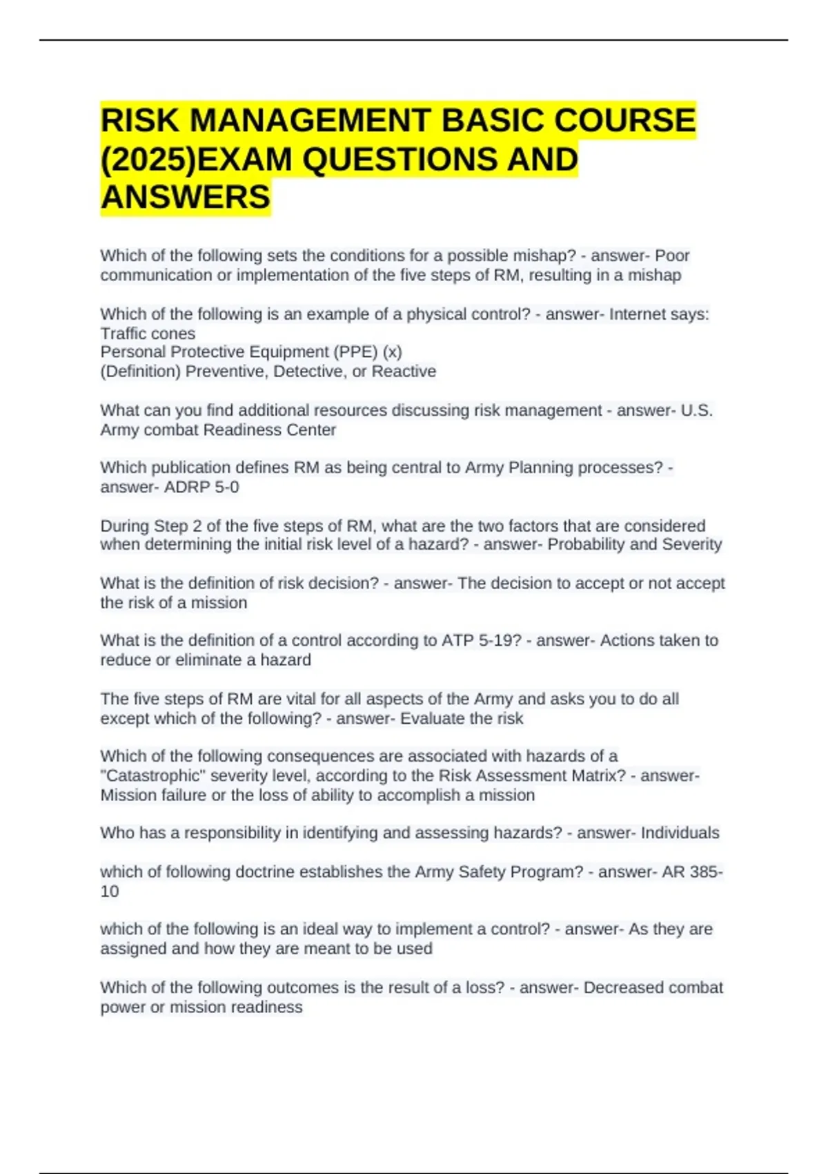 RISK MANAGEMENT BASIC COURSE (2025)EXAM QUESTIONS AND ANSWERS - RISK ...