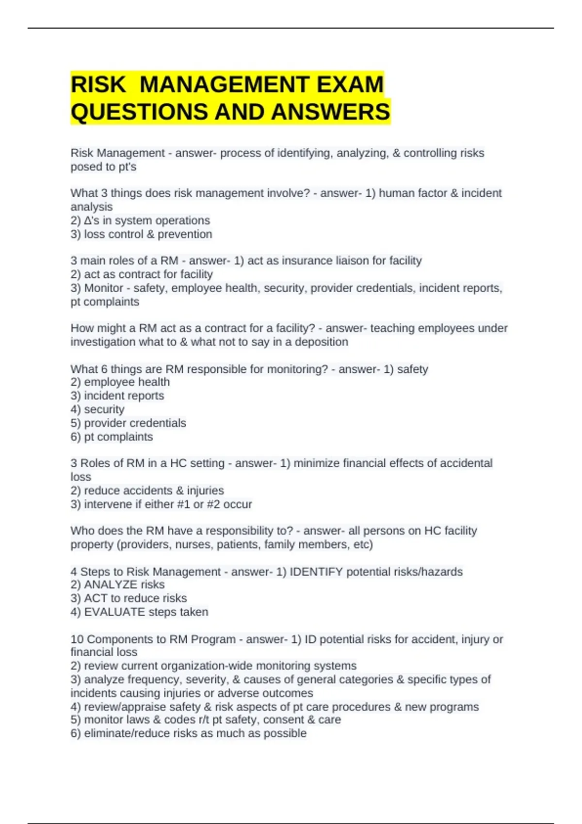 RISK MANAGEMENT EXAM QUESTIONS AND ANSWERS - RISK MANAGEMENT - Stuvia US
