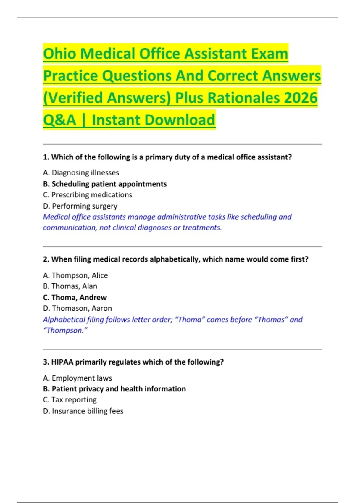 Ohio Medical Office Assistant Exam Practice Questions And Correct ...