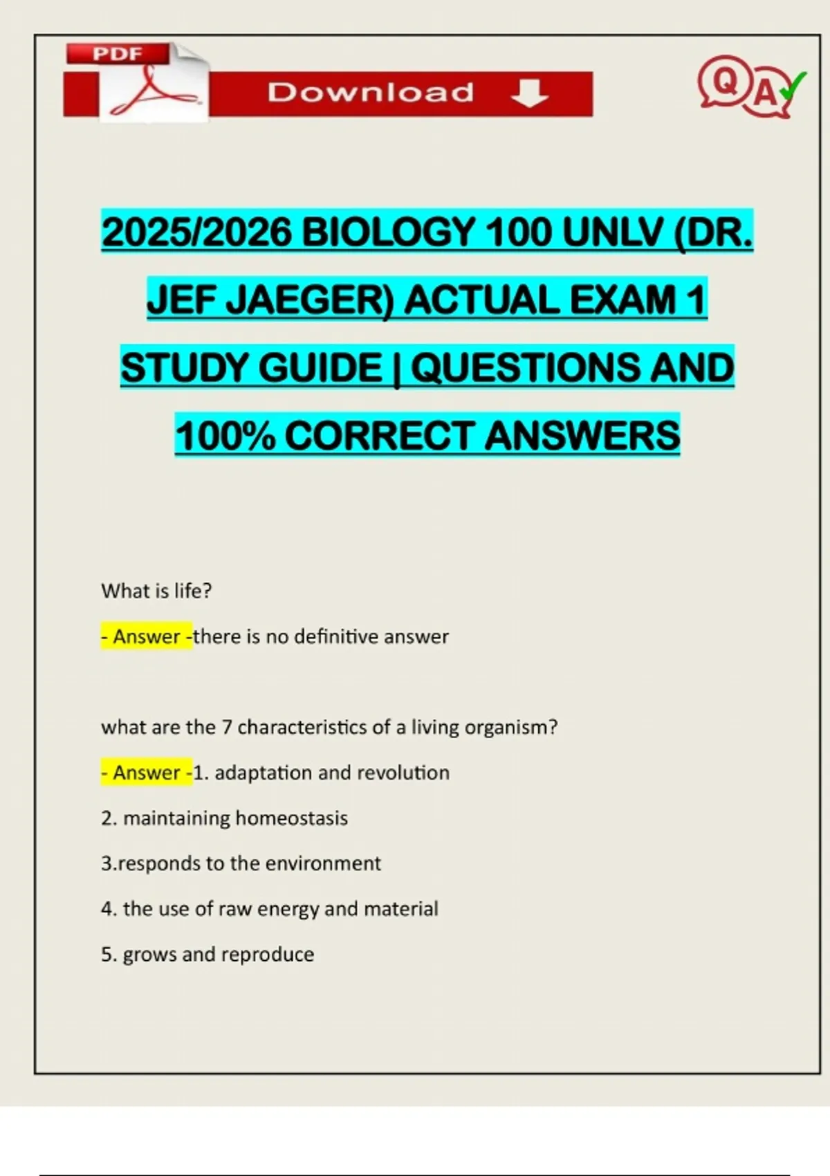 2025/2026 BIOLOGY 100 UNLV (DR. JEF JAEGER) ACTUAL EXAM 1 STUDY GUIDE ...