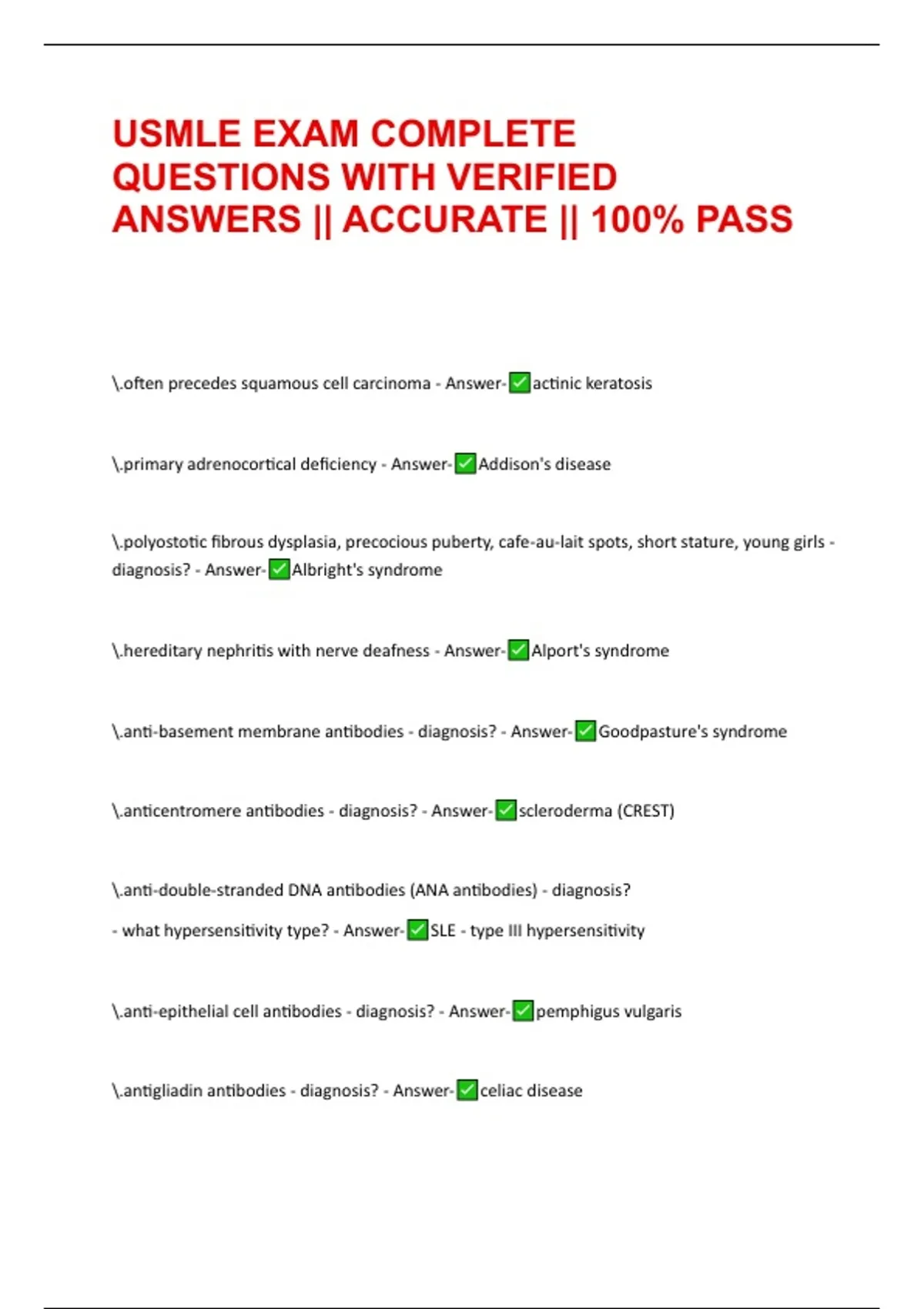 USMLE EXAM COMPLETE QUESTIONS WITH VERIFIED ANSWERS || ACCURATE || 100% ...