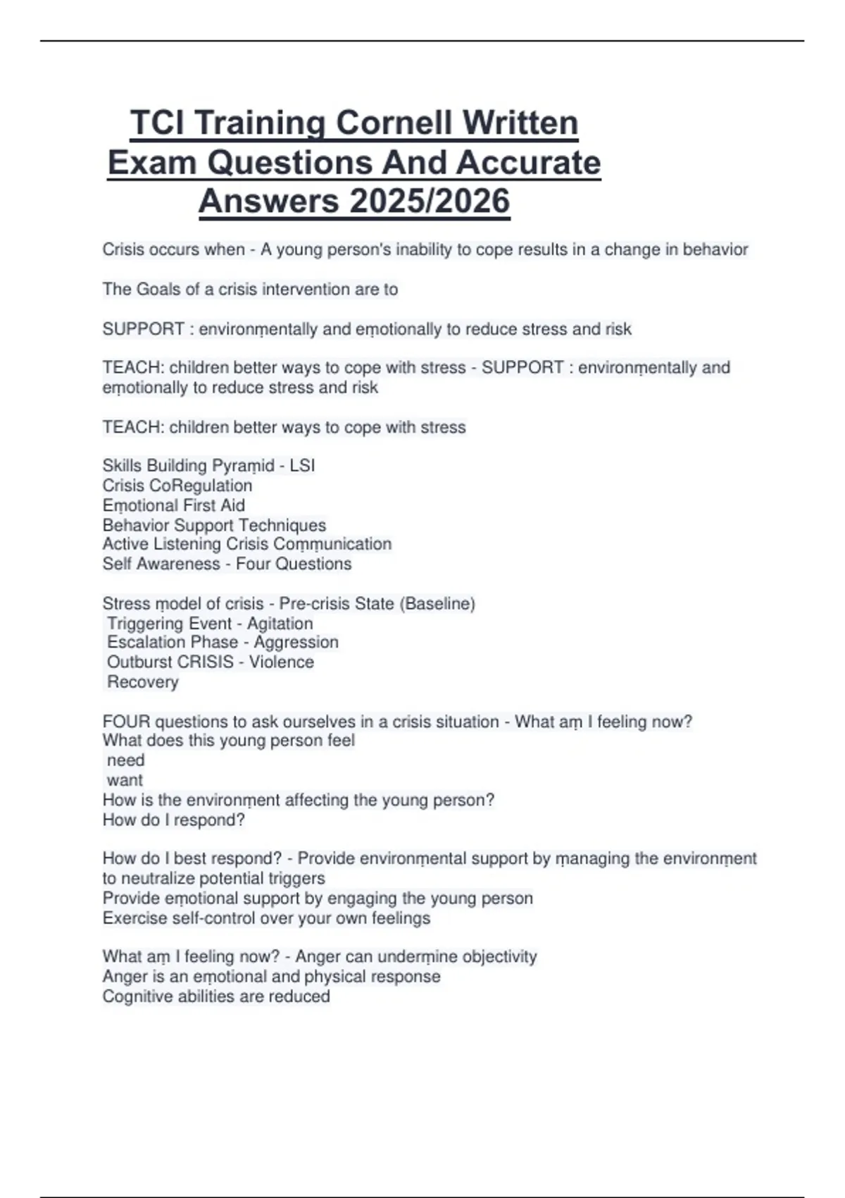 TCI Training Cornell Written Exam Questions And Accurate Answers 2025/ ...