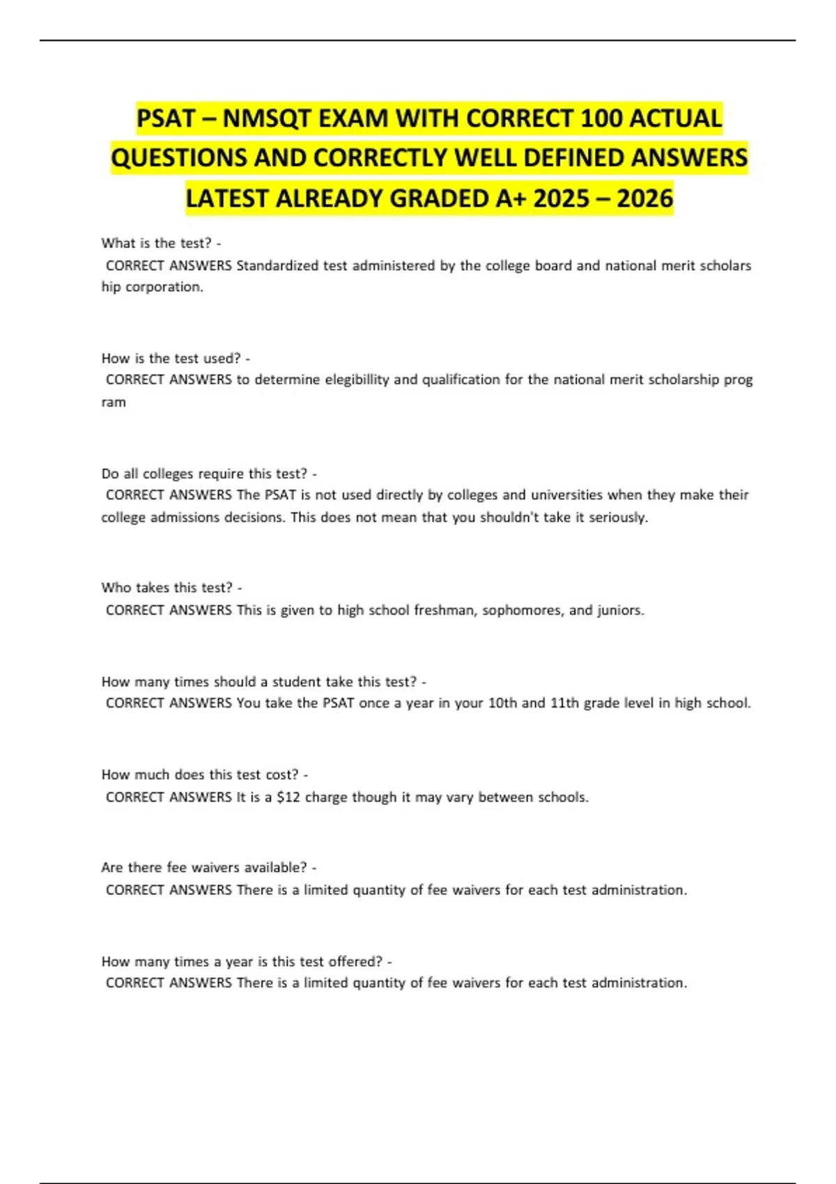 PSAT – NMSQT EXAM WITH CORRECT 100 ACTUAL QUESTIONS AND CORRECTLY WELL ...