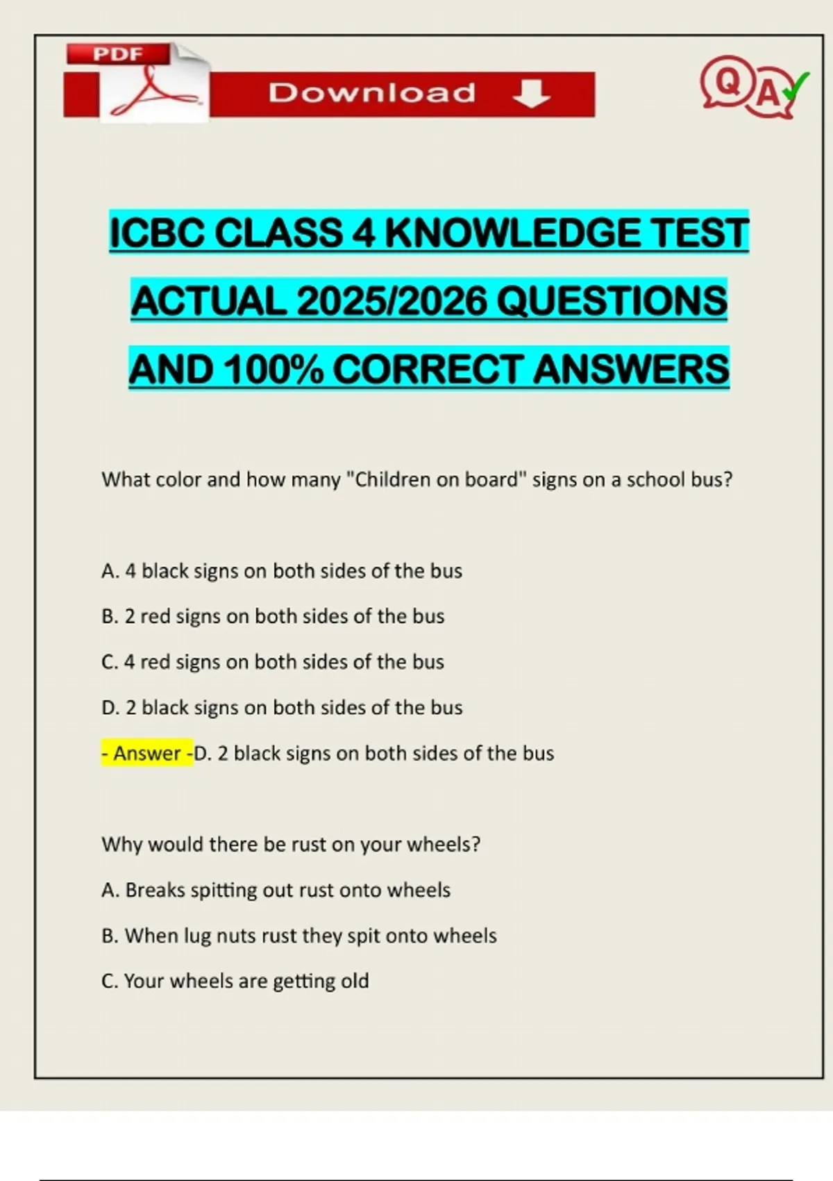 ICBC CLASS 4 KNOWLEDGE TEST ACTUAL 2025/2026 QUESTIONS AND 100% CORRECT ...