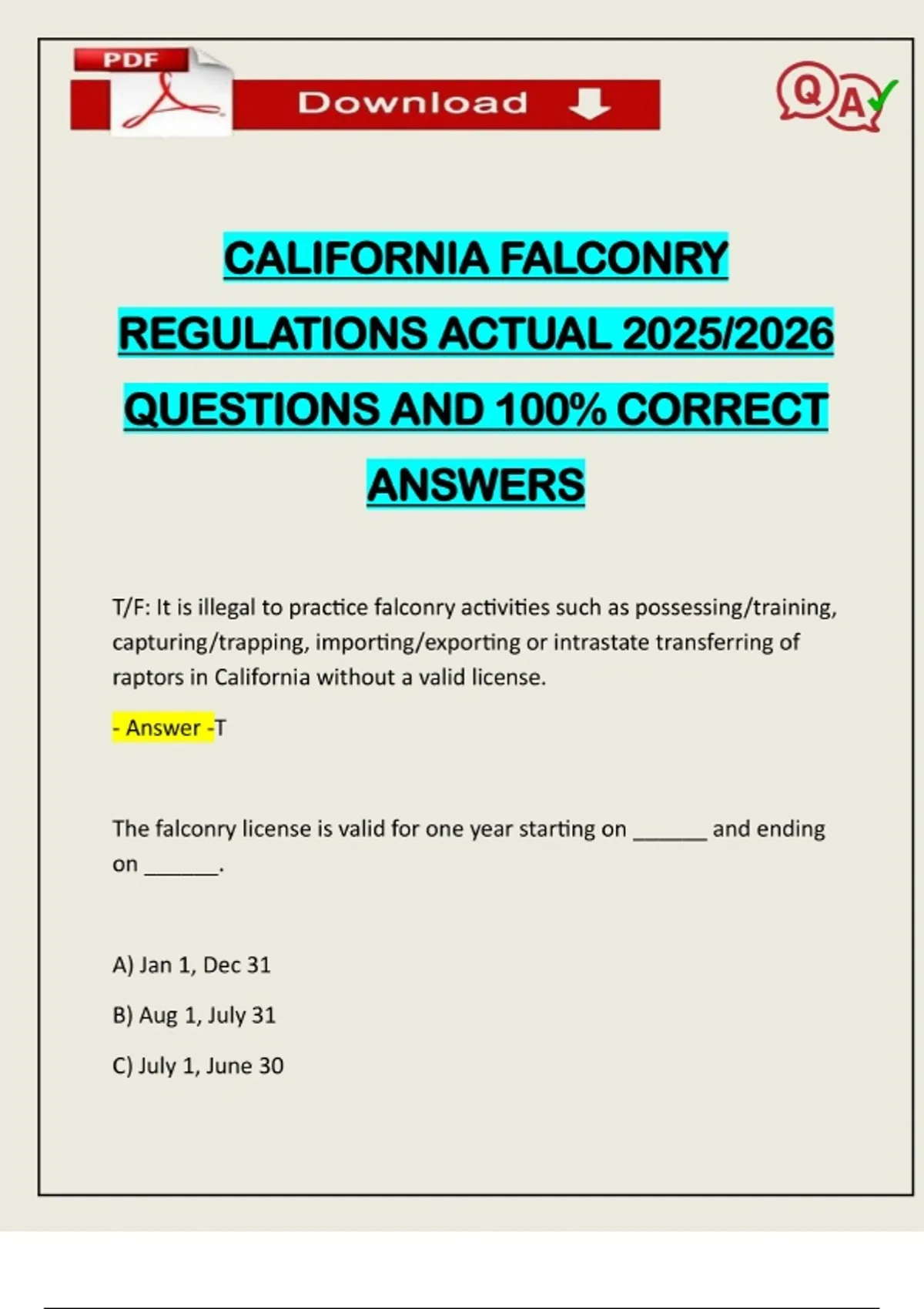 CALIFORNIA FALCONRY REGULATIONS ACTUAL 2025/2026 QUESTIONS AND 100% ...