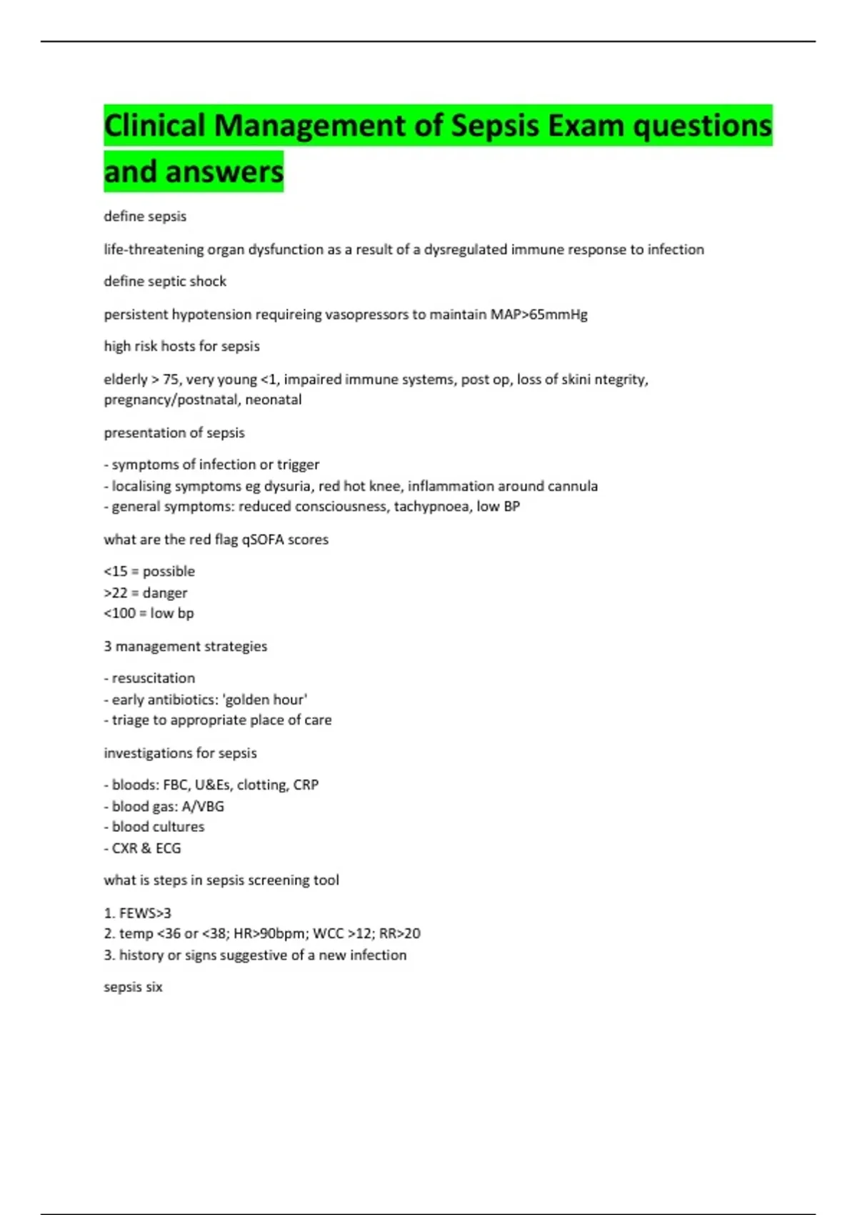 Clinical Management of Sepsis Exam questions and answers - Clinical ...