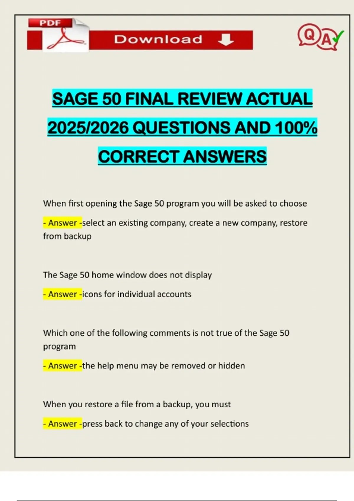 SAGE 50 FINAL REVIEW ACTUAL 2025/2026 QUESTIONS AND 100% CORRECT ...