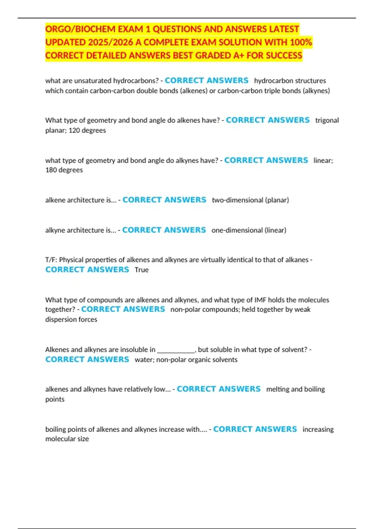 ORGO/BIOCHEM EXAM 1 QUESTIONS AND ANSWERS LATEST UPDATED 2025/2026 A ...
