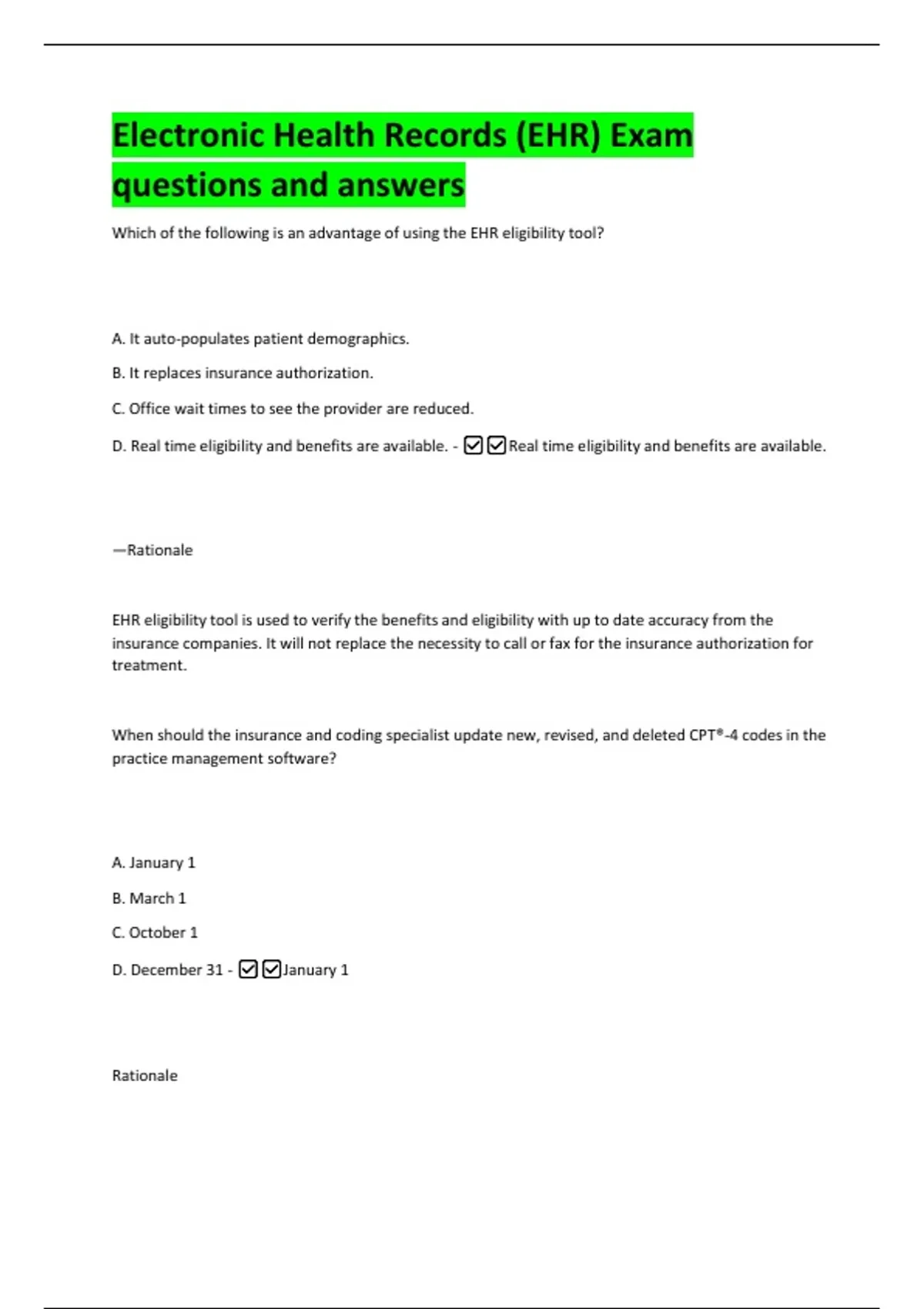 Electronic Health Records (EHR) Exam questions and answers - Electronic ...