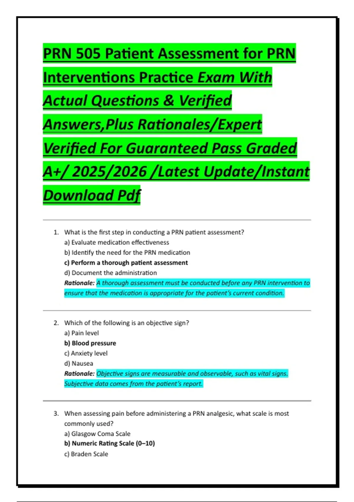 PRN 505 Patient Assessment for PRN Interventions Practice Exam With ...