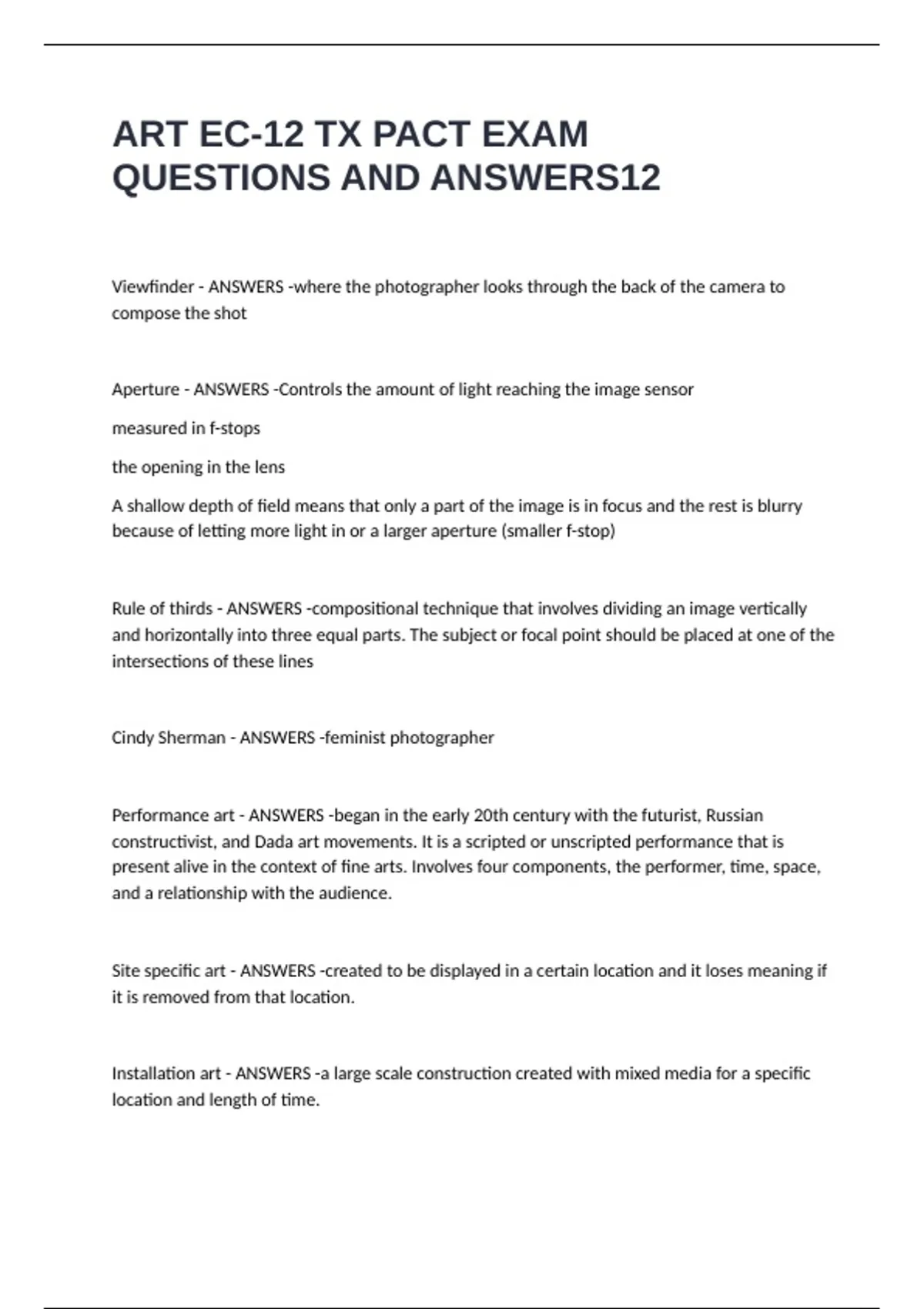 ART EC-12 TX PACT EXAM QUESTIONS AND ANSWERS - ART EC-12 TX PACT ...