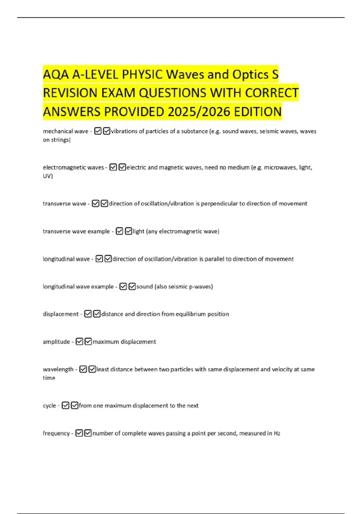 AQA A-LEVEL PHYSIC Waves and Optics S REVISION EXAM QUESTIONS WITH CORRECT ANSWERS PROVIDED 2025 ...