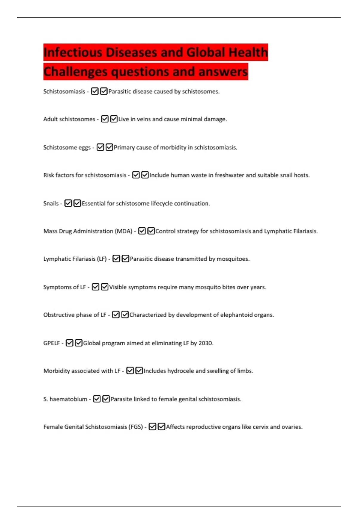 Infectious Diseases and Global Health Challenges questions and answers ...