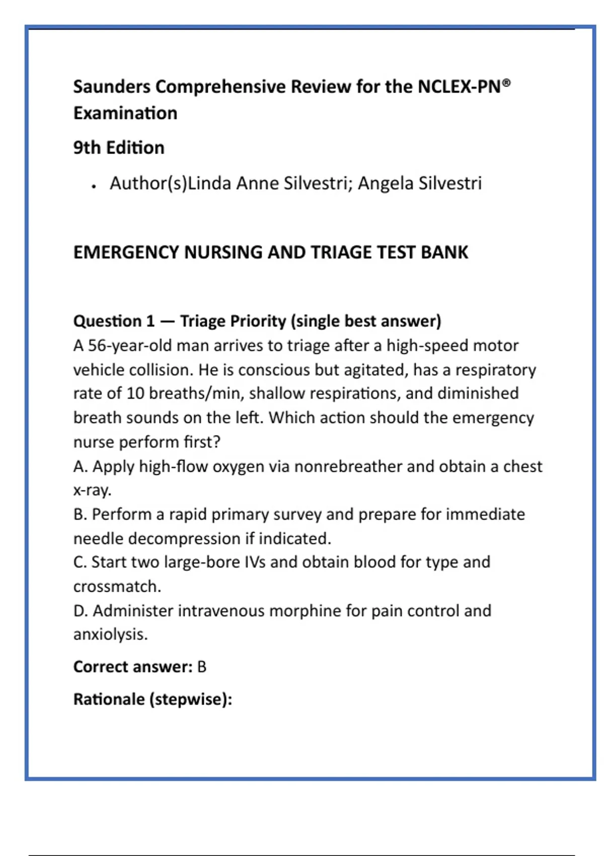 Emergency Nursing & Triage NCLEX-RN Test Bank 2025 | Saunders Review ...