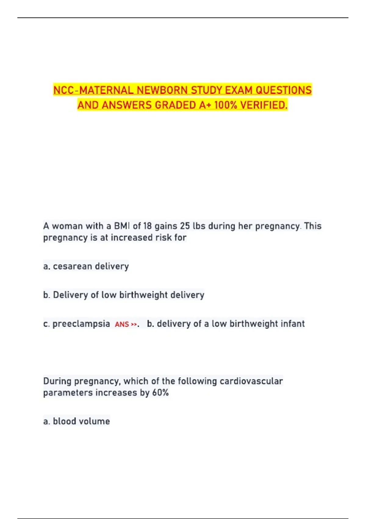 NCC Maternal Newborn Study Exam – Questions and Answers (Graded A+, 100 ...