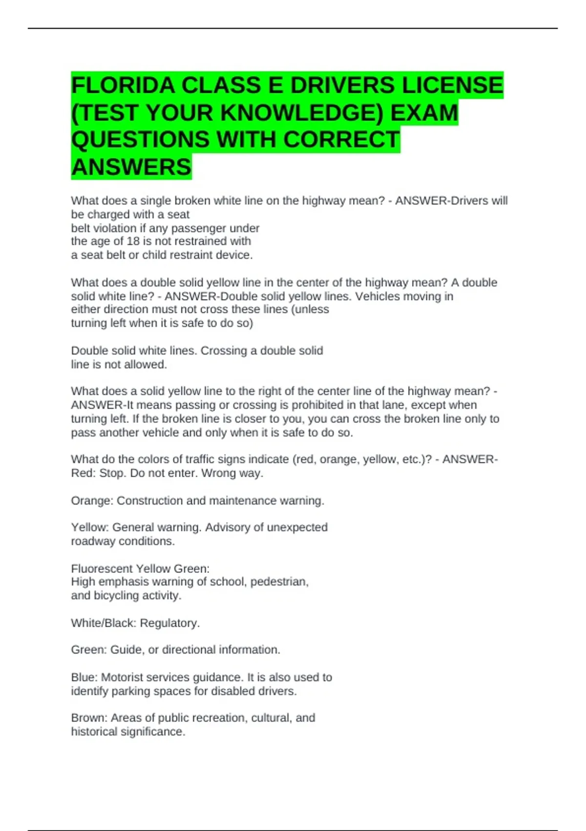 FLORIDA CLASS E DRIVERS LICENSE (TEST YOUR KNOWLEDGE) EXAM QUESTIONS ...