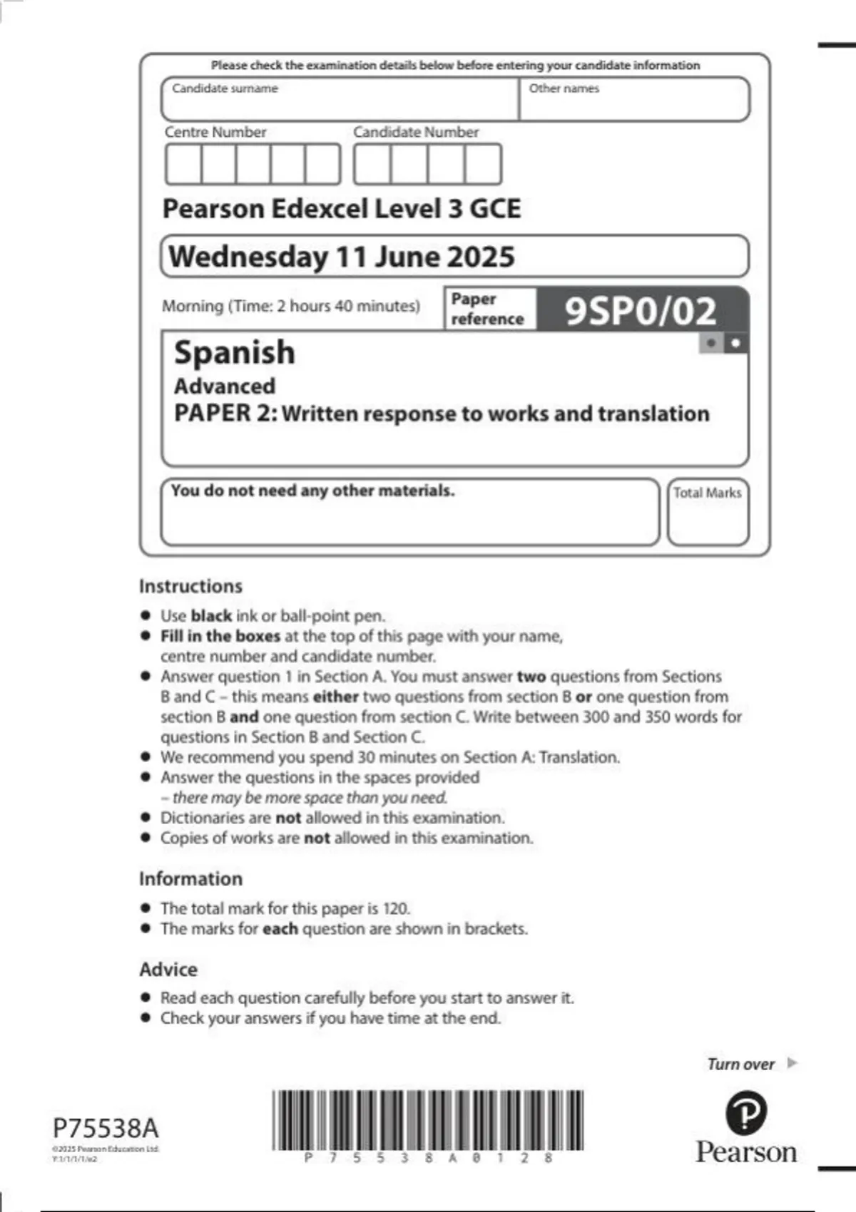 Pearson Edexcel a level Spanish| question paper and mark scheme June ...