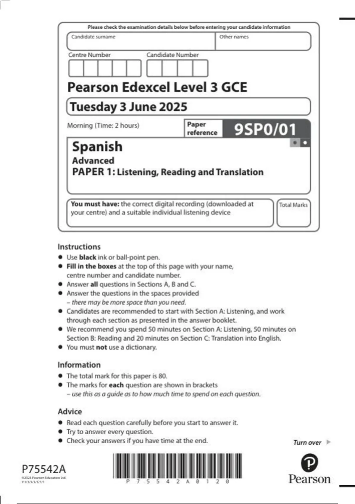 Pearson Edexcel a level Spanish| question paper |2025|9SP0/01| - 9SP0 ...