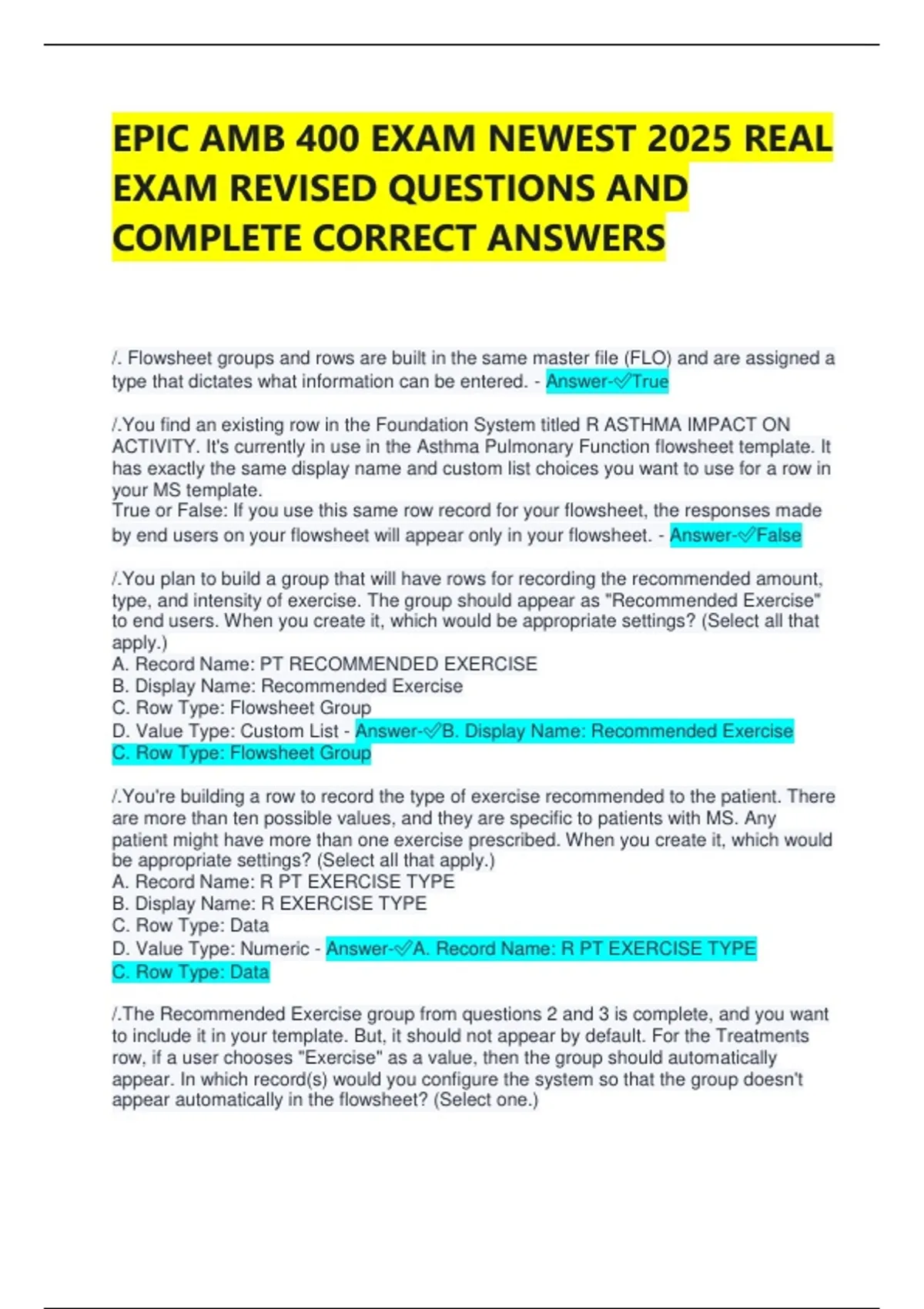 EPIC AMB 400 EXAM NEWEST 2025 REAL EXAM REVISED QUESTIONS AND COMPLETE ...