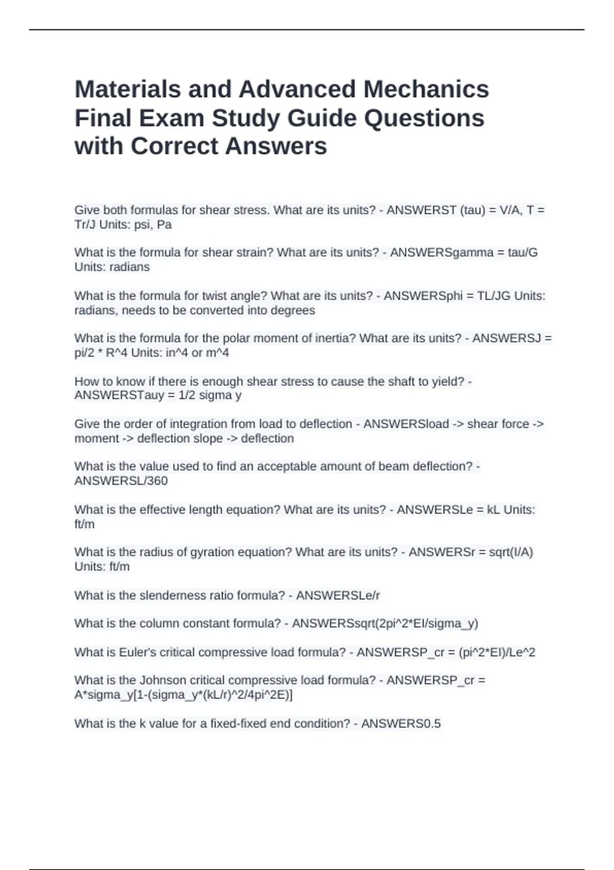 Materials and Advanced Mechanics Final Exam Study Guide Questions with ...