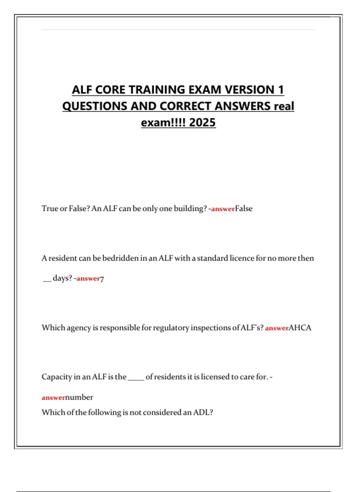 ALF Core Training Exam Version 1 Questions & Correct Answers 2025 ...