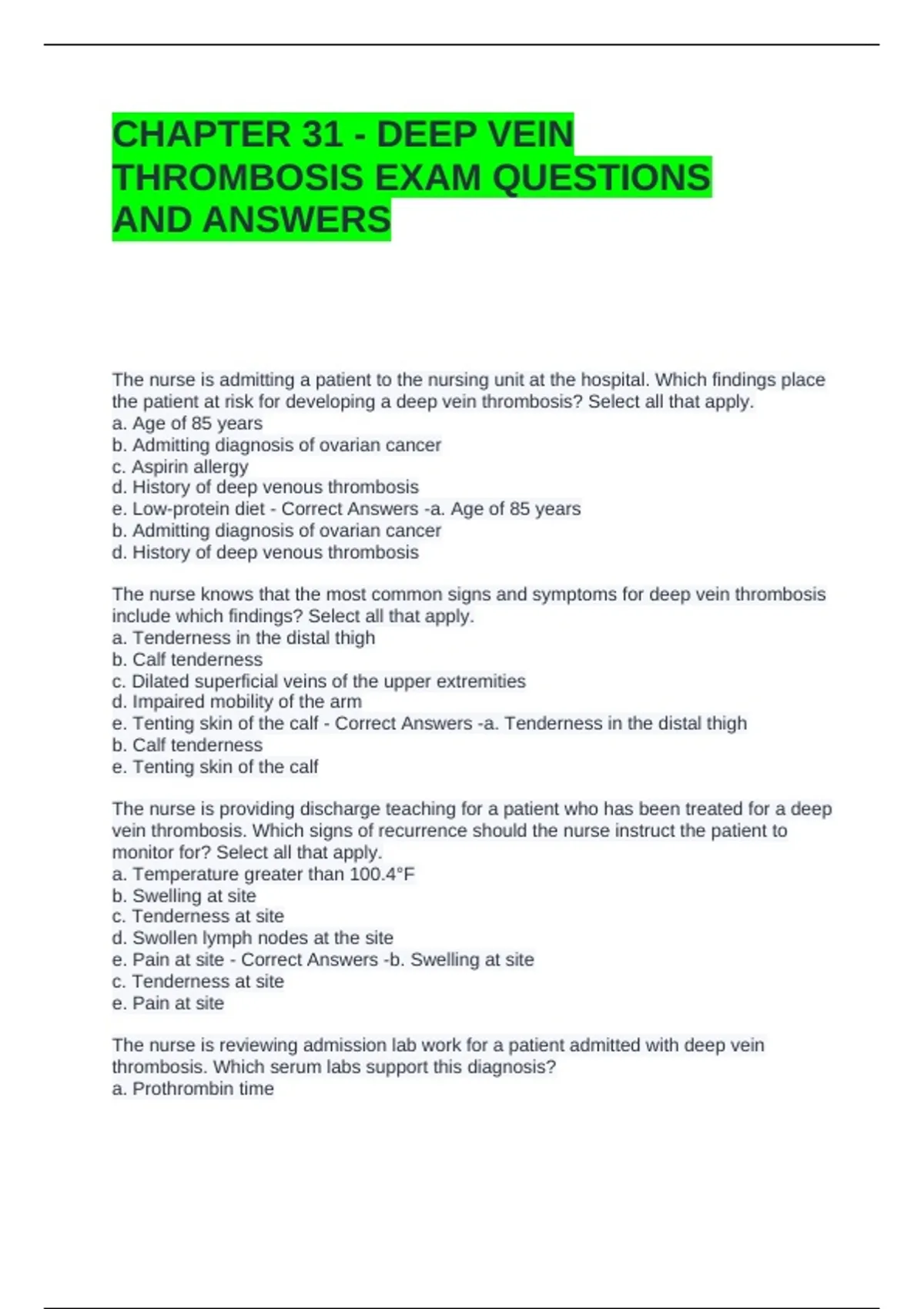 CHAPTER 31 - DEEP VEIN THROMBOSIS EXAM QUESTIONS AND ANSWERS - Dvt ...
