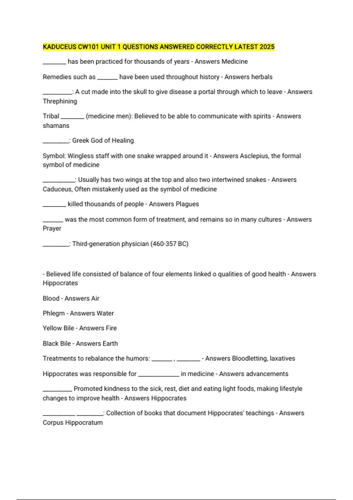 KADUCEUS CW101 UNIT 1 QUESTIONS ANSWERED CORRECTLY LATEST 2025 - CW 101 ...
